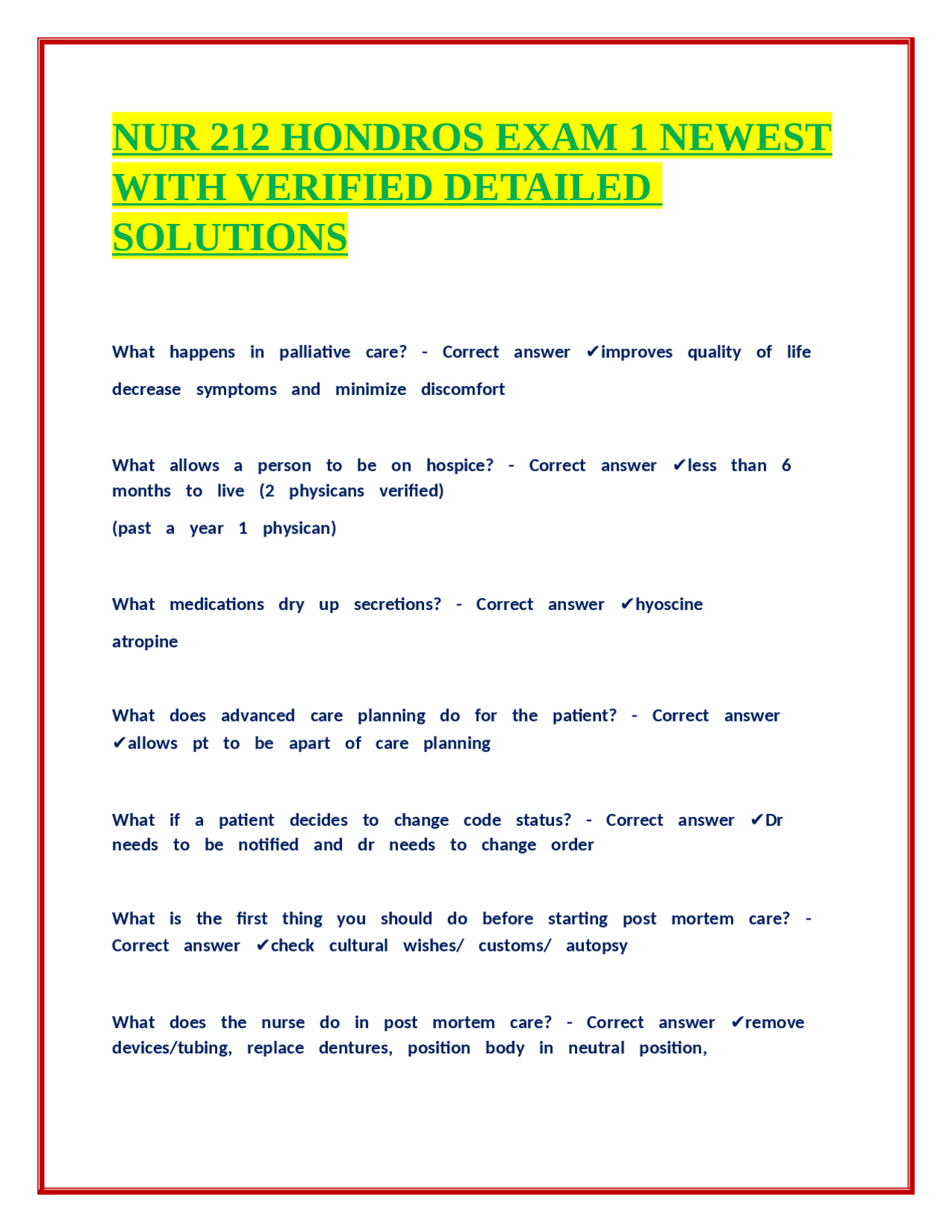 NUR 212 HONDROS EXAM 1 NEWEST WITH VERIFIED DETAILED SOLUTIONS | Exams Nursing | Docsity