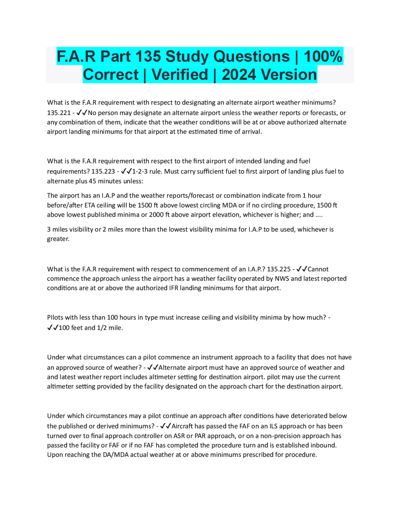 F.A.R Part 135 Study Questions | 100% Correct | Verified | 2024 Version ...