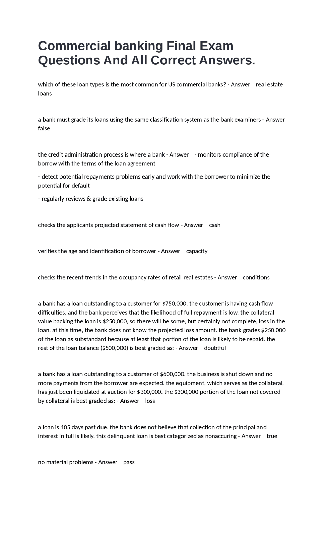 Commercial banking Final Exam Questions And All Correct Answers ...