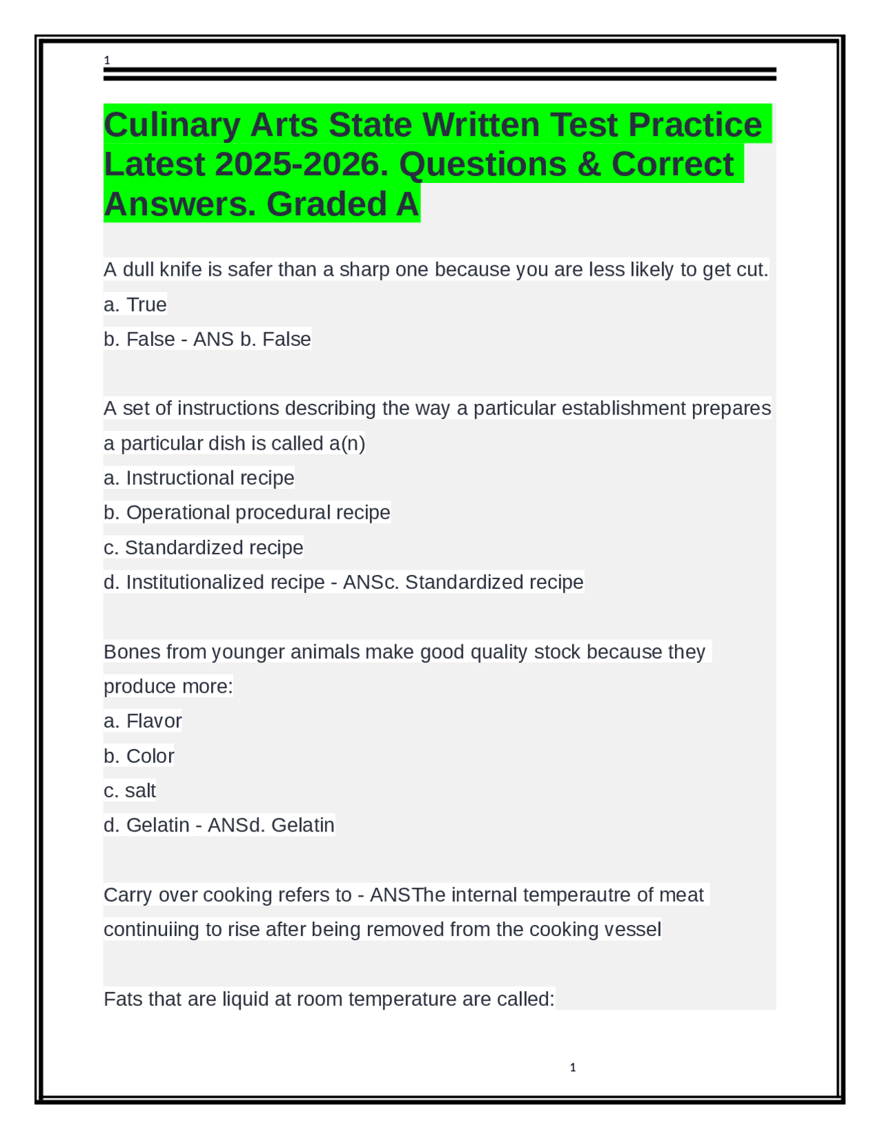 Culinary Arts State Written Test Practice Latest 2025-2026. Questions ...