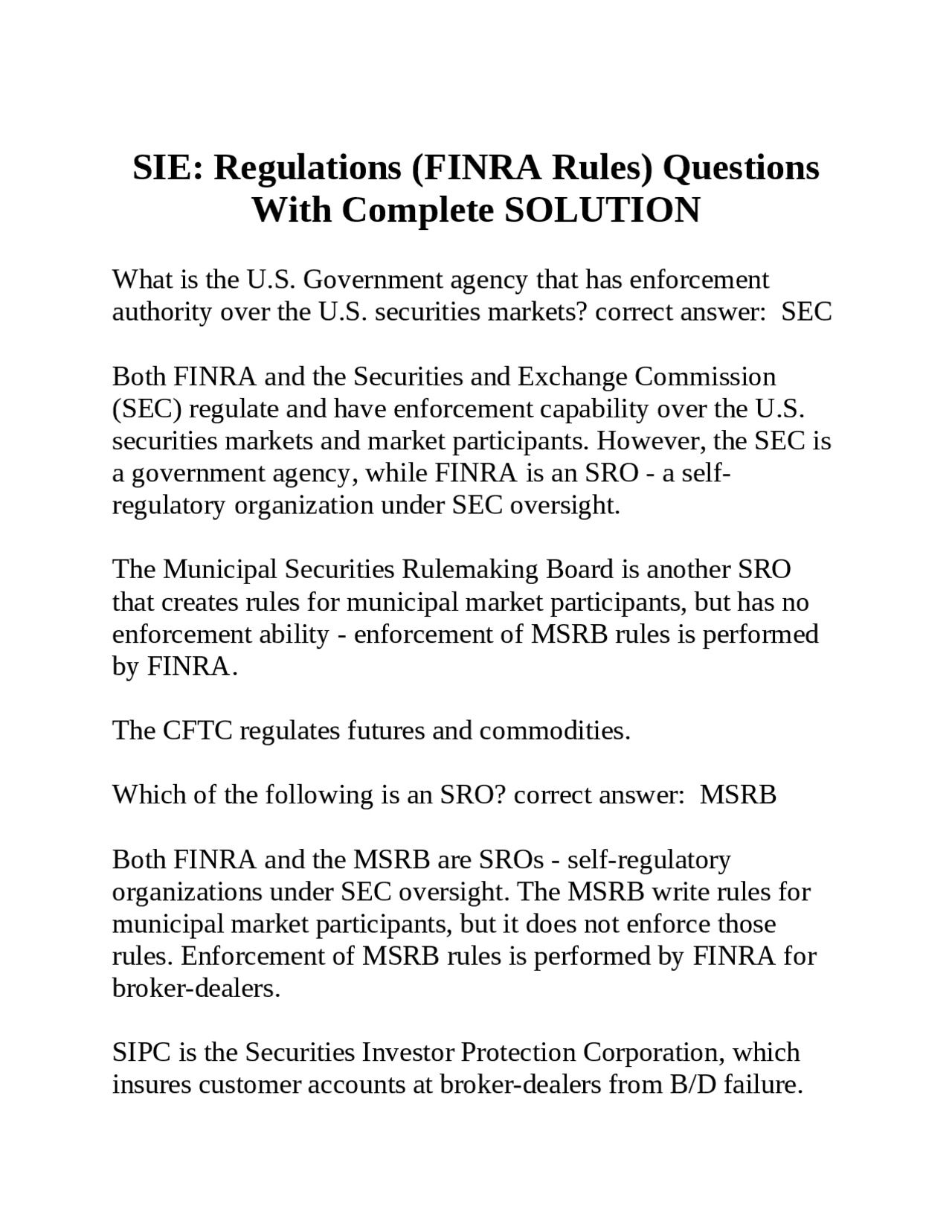 SIE: Regulations (FINRA Rules) Questions With Complete SOLUTION | Exams ...