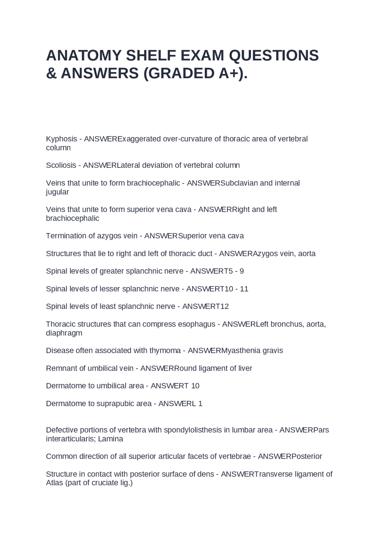 ANATOMY SHELF EXAM QUESTIONS & ANSWERS (GRADED A+). | Exams Anatomy ...