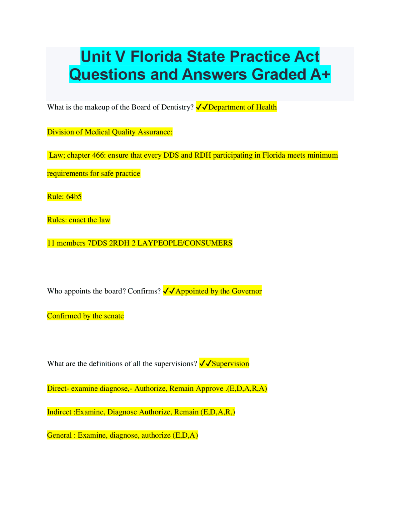 Unit V Florida State Practice Act Questions and Answers Graded A+ ...