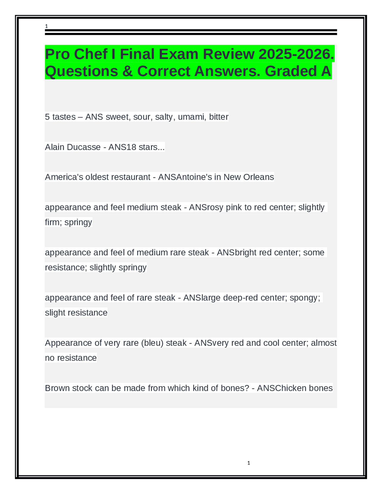 Pro Chef I Final Exam Review 2025-2026. Questions & Correct Answers ...