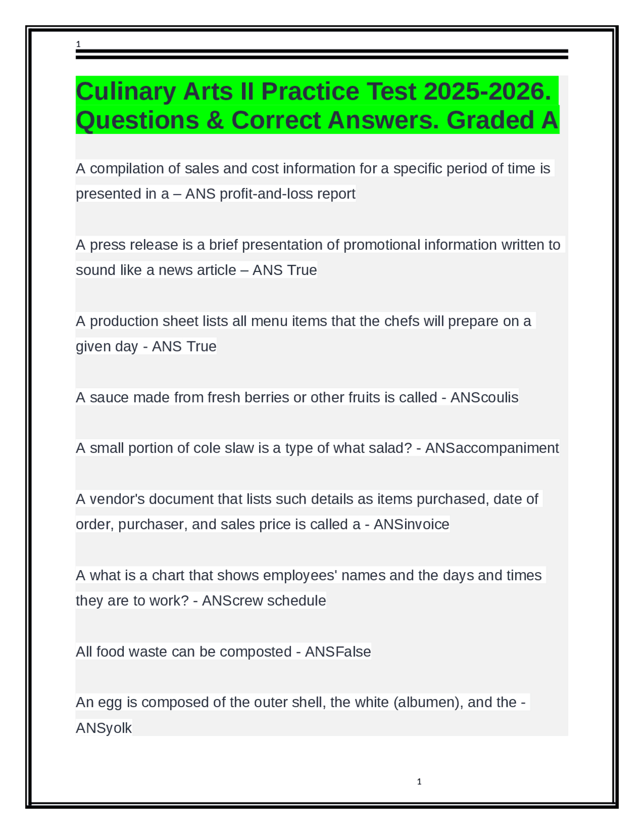 Culinary Arts II Practice Test 2025-2026. Questions & Correct Answers ...