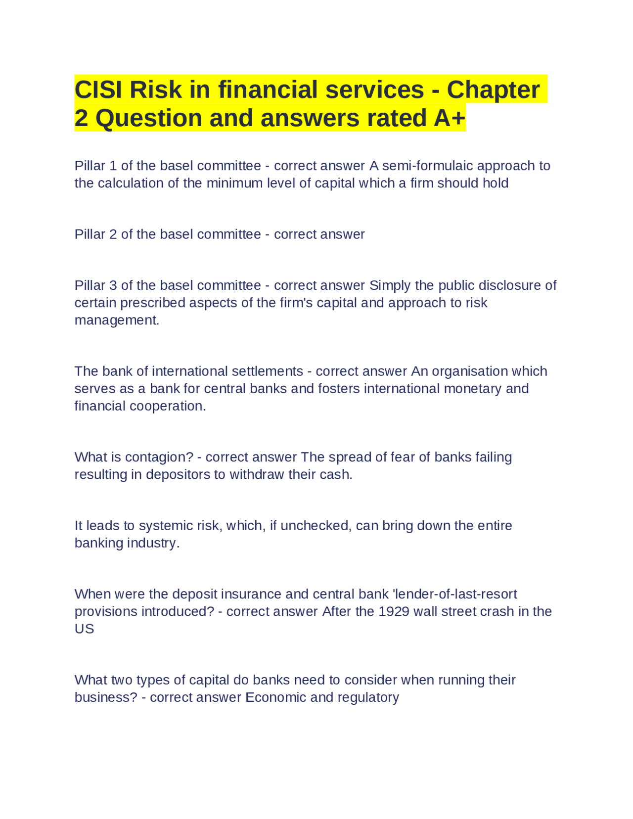 CISI Risk in financial services - Chapter 2 Question and answers rated ...