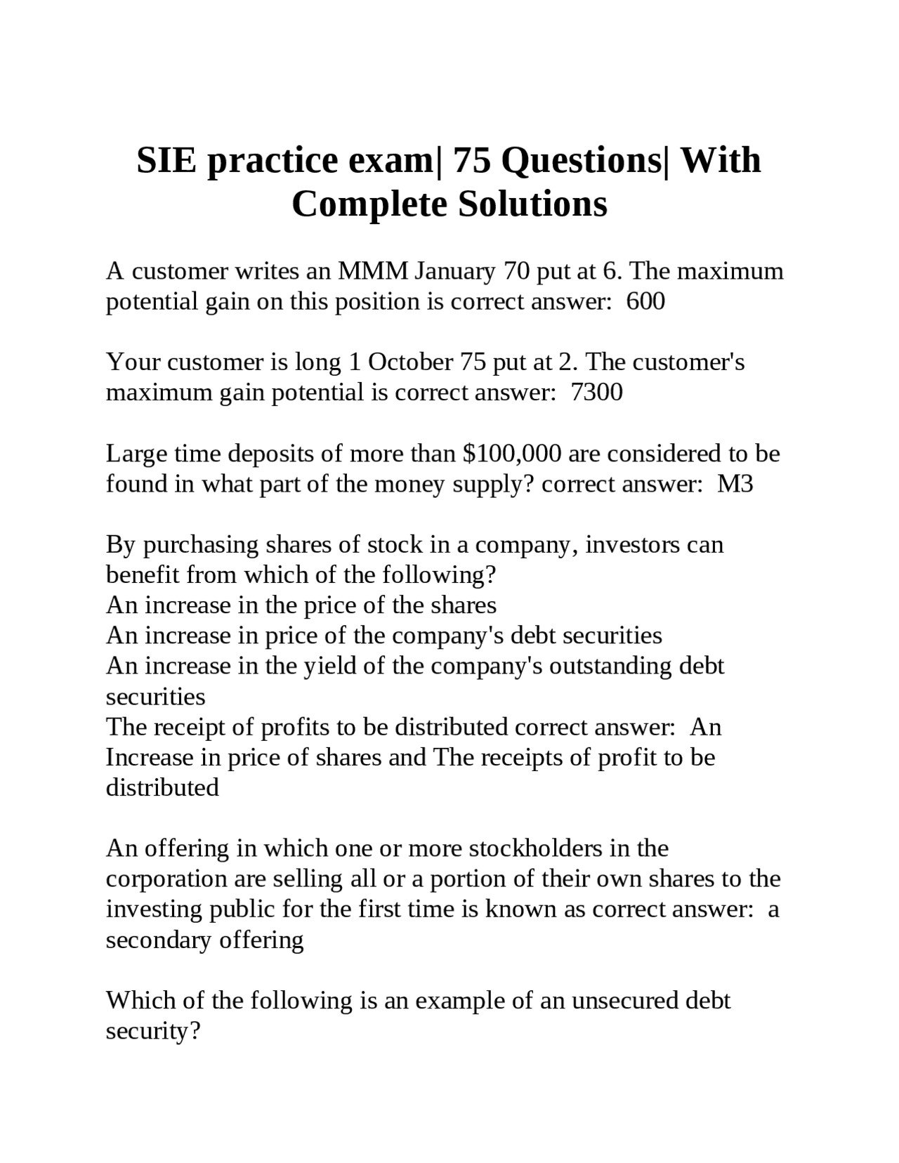 SIE Exam Practice Questions and Answers: 75 Questions with Complete ...