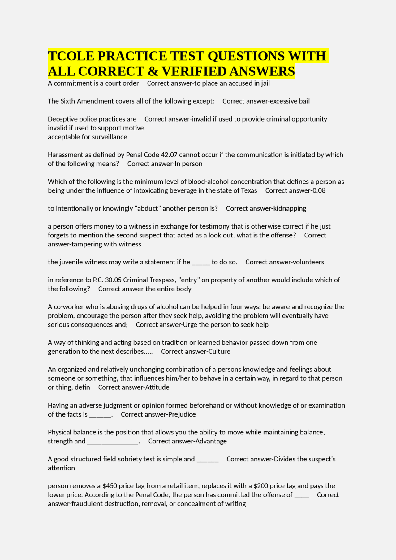 TCOLE PRACTICE TEST QUESTIONS WITH ALL CORRECT & VERIFIED ANSWERS ...