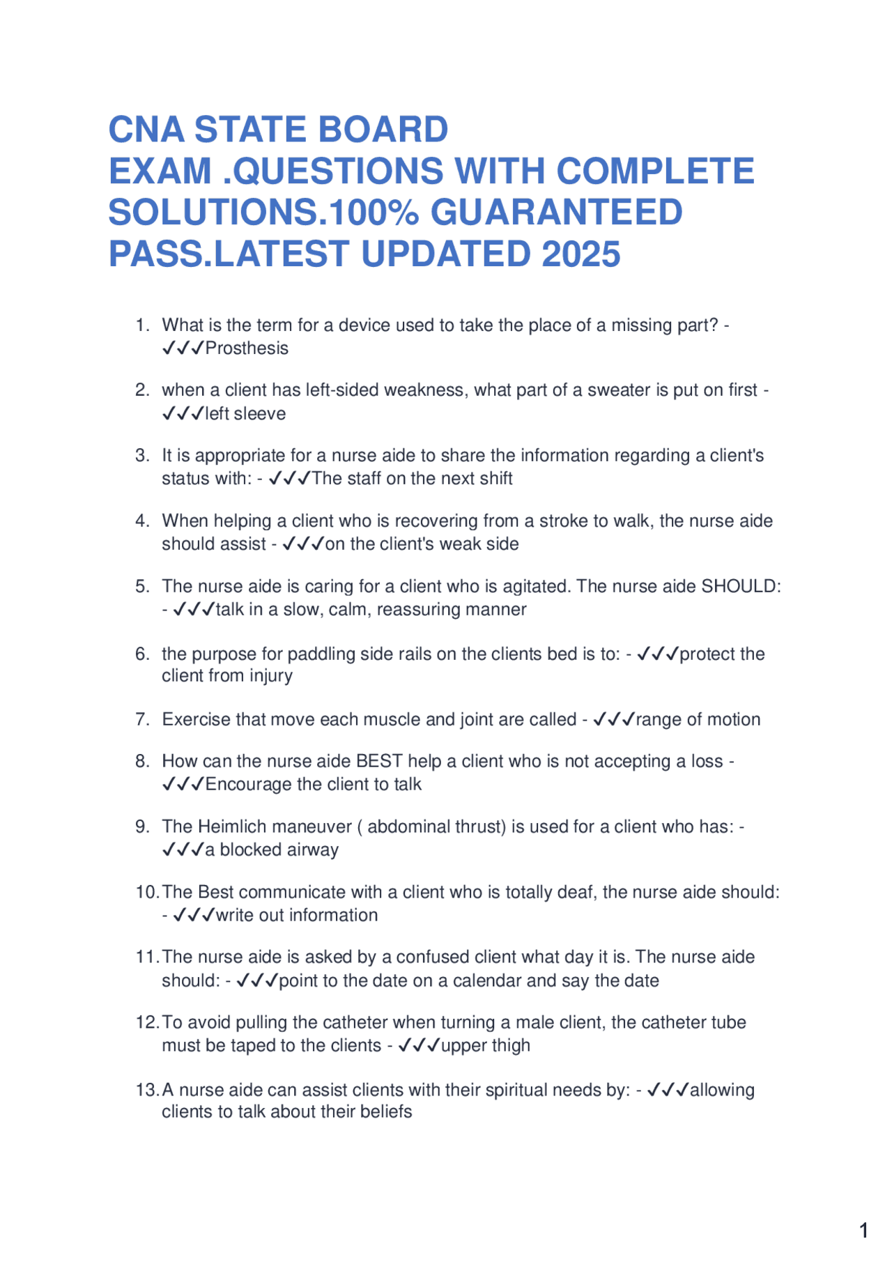 CNA STATE BOARD EXAM .QUESTIONS WITH COMPLETE SOLUTIONS.100% GUARANTEED ...