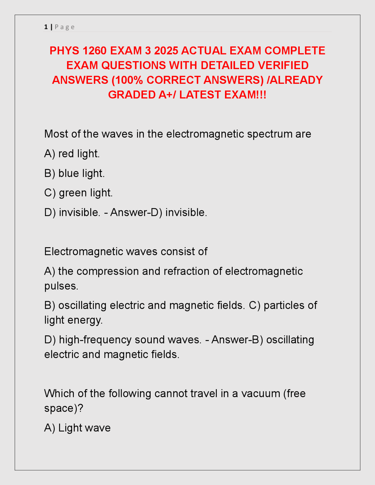 Physics 1260 Exam 3: Optics and Waves - MCQs | Exams Nursing | Docsity