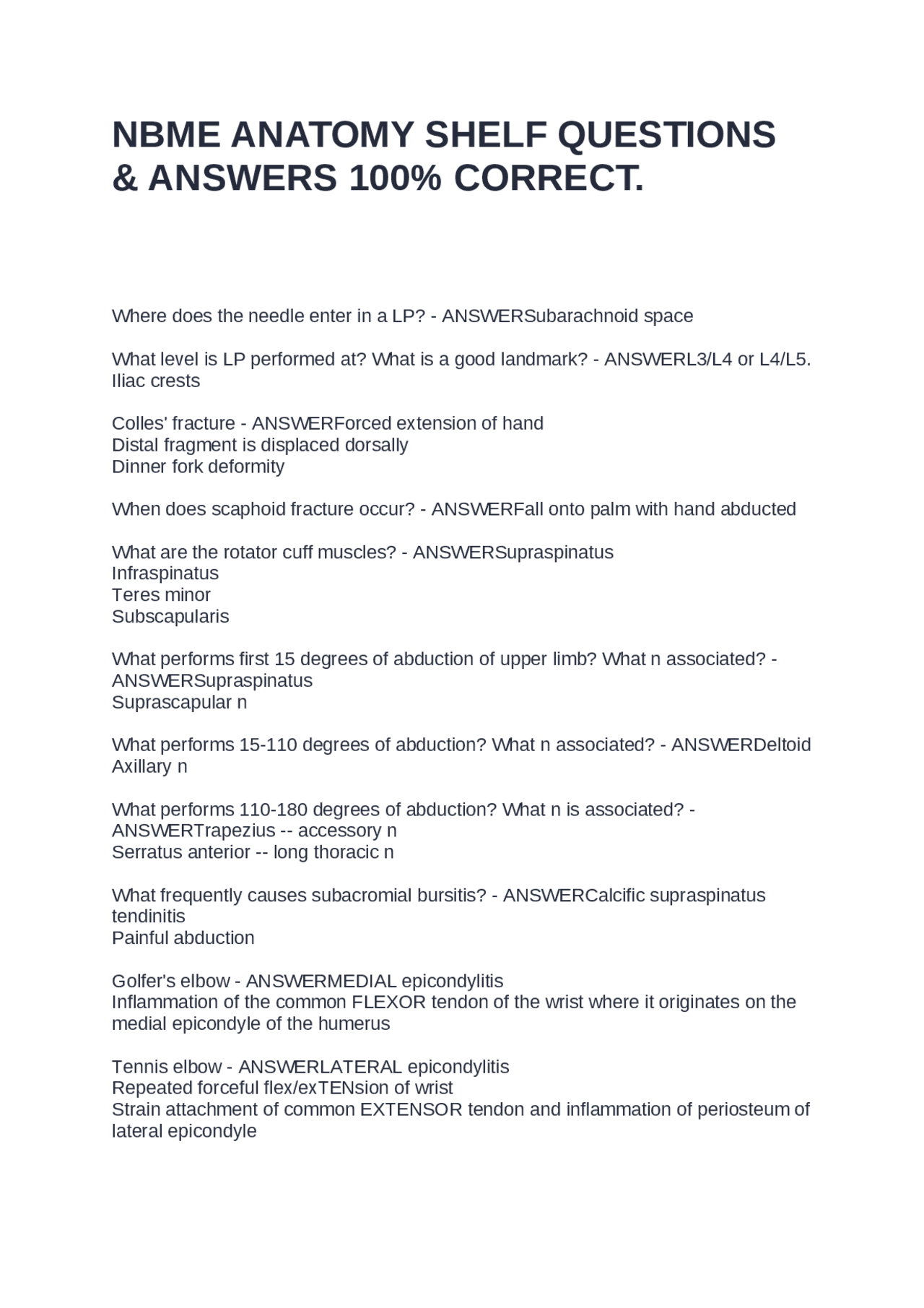 NBME ANATOMY SHELF QUESTIONS & ANSWERS 100% CORRECT. | Exams Anatomy ...