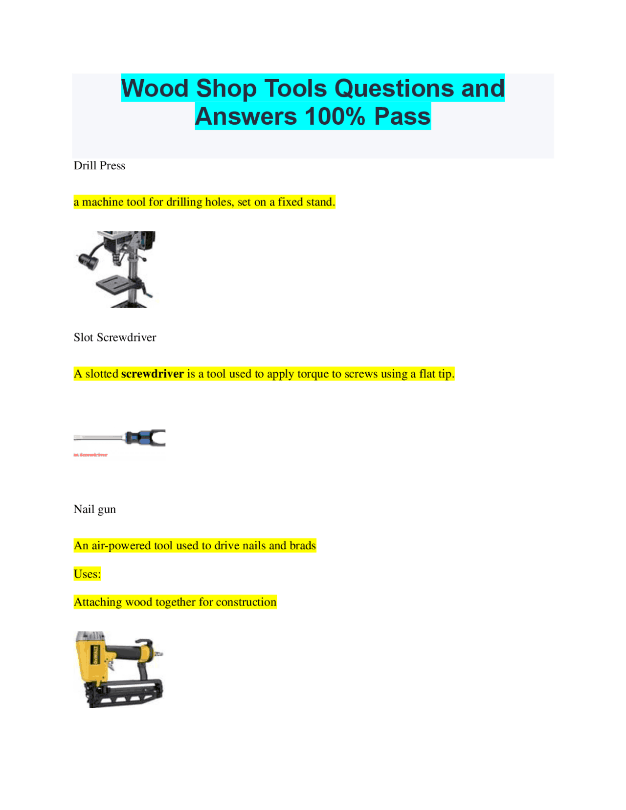 Wood Shop Tools Questions and Answers 100% Pass | Exams Engineering ...