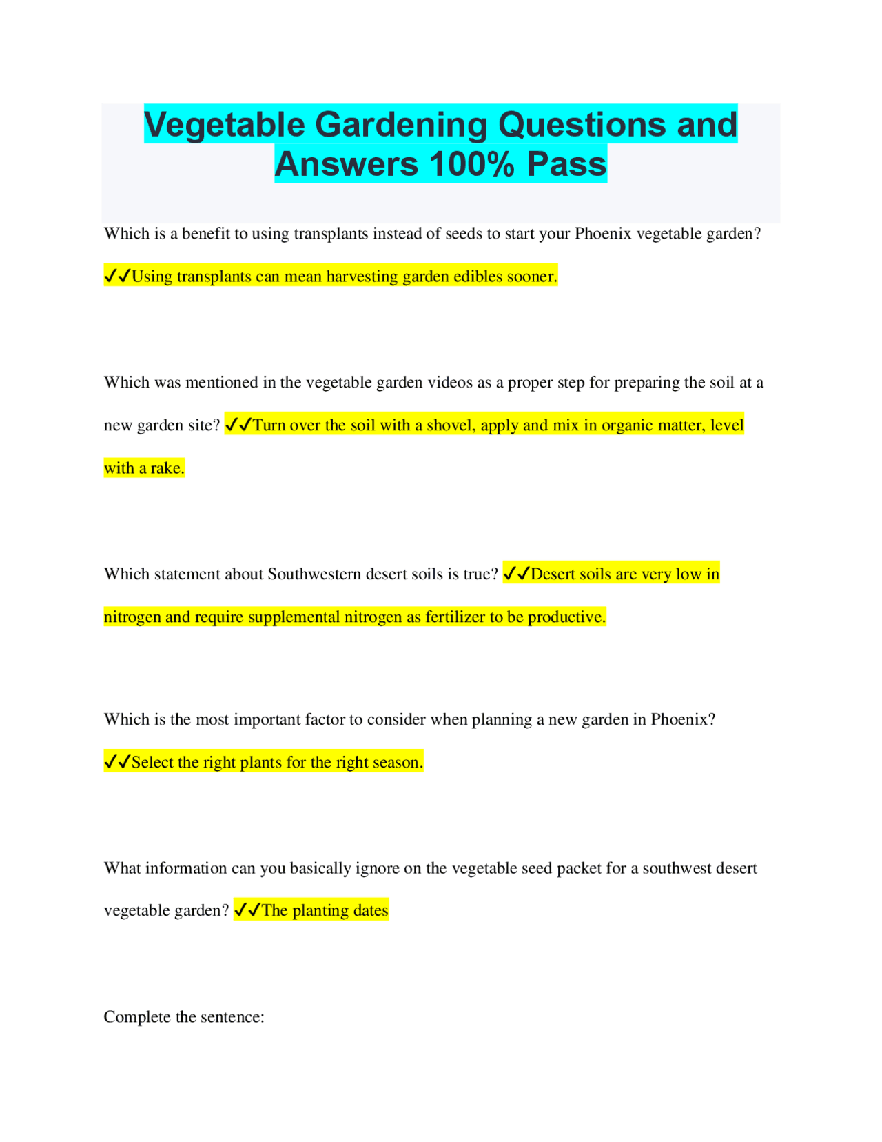 Vegetable Gardening Questions and Answers 100% Pass | Exams ...
