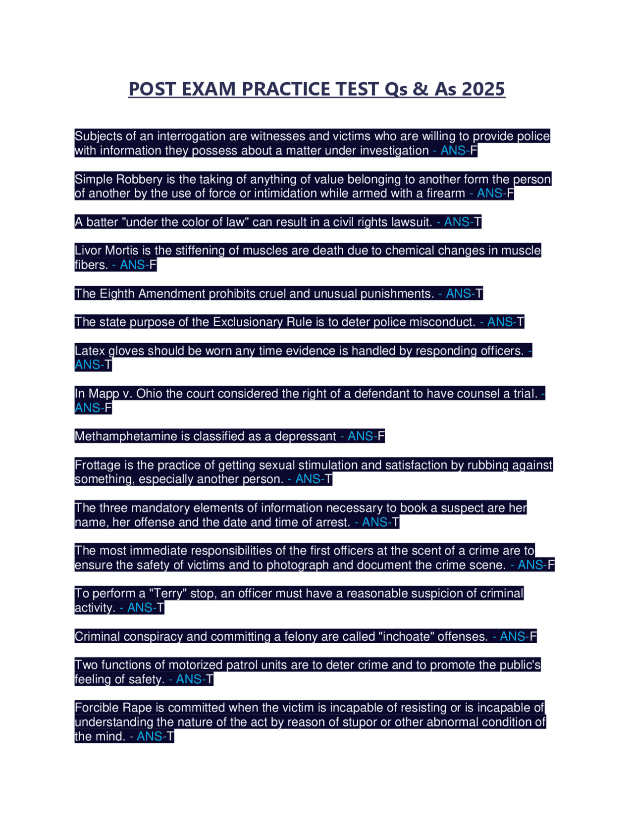 POST EXAM PRACTICE TEST Qs & As 2025 | Exams Law | Docsity