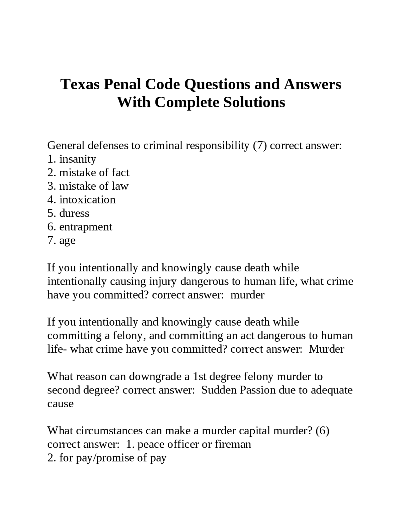 Texas Penal Code Questions and Answers With Complete Solutions | Exams ...