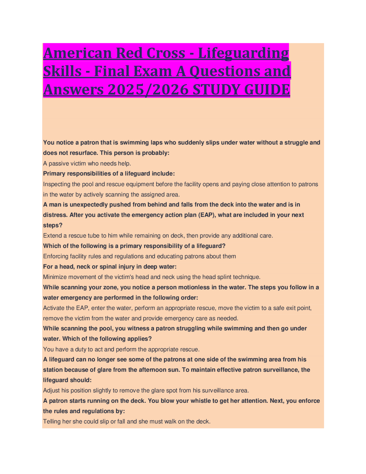 American Red Cross - Lifeguarding Skills - Final Exam A Questions and ...