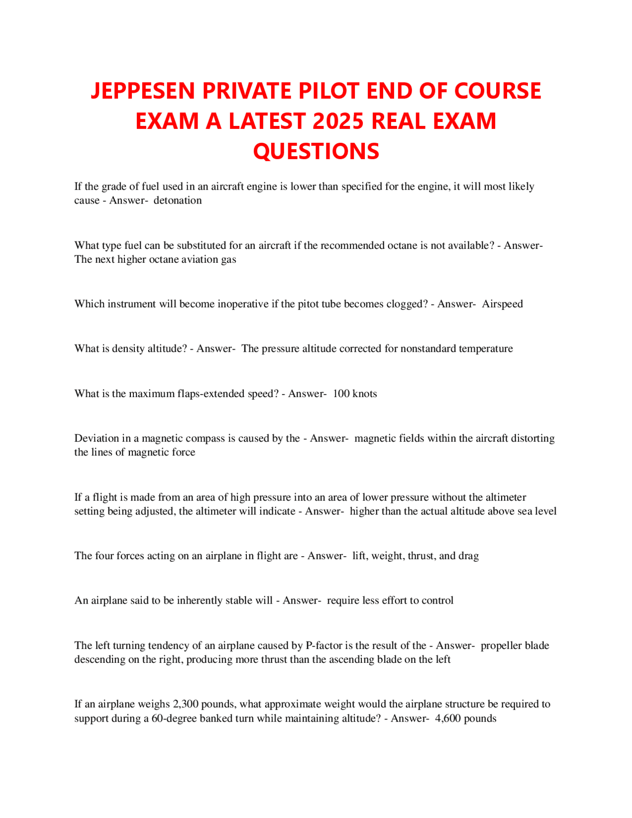 JEPPESEN PRIVATE PILOT END OF COURSE EXAM A LATEST 2025 REAL EXAM ...