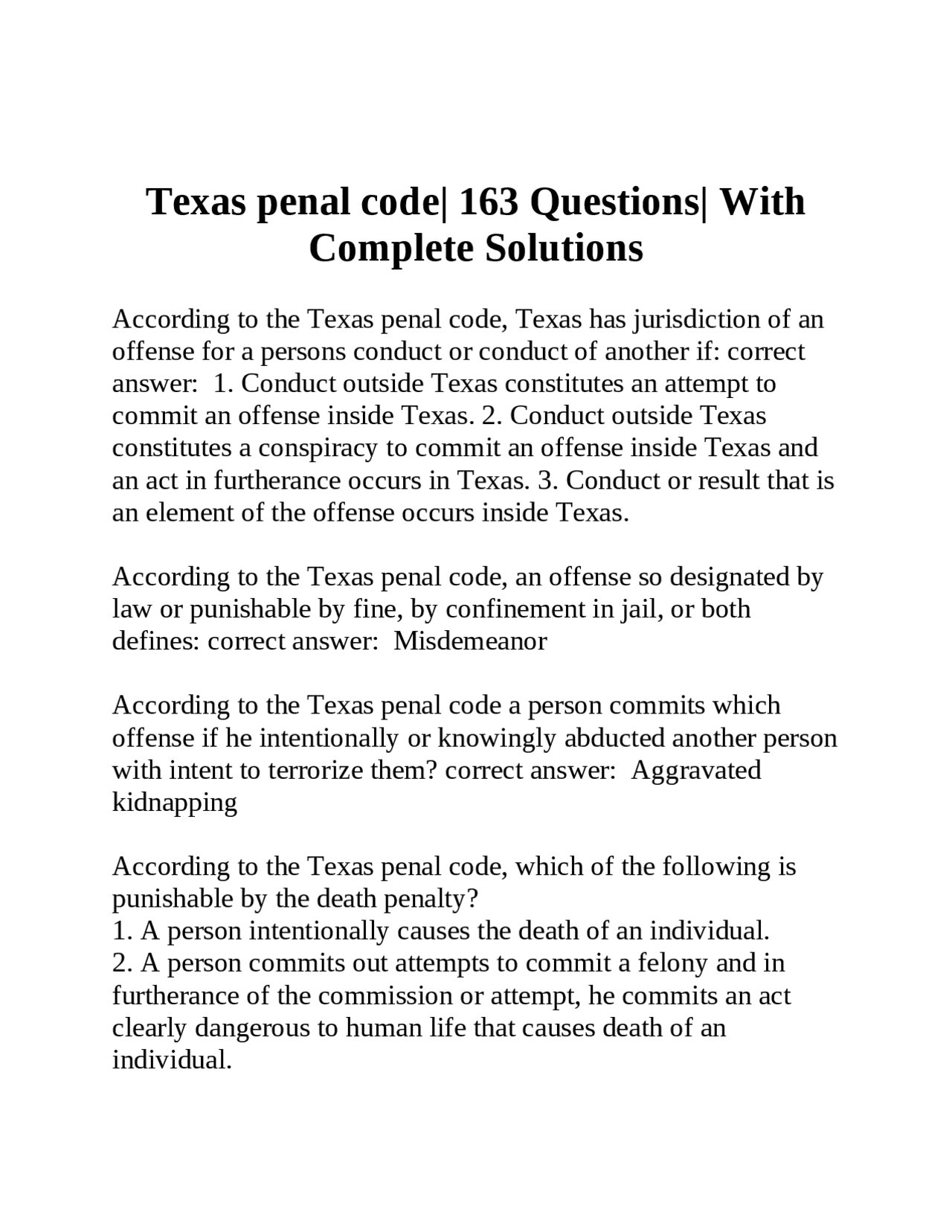 Texas penal code| 163 Questions| With Complete Solutions | Exams ...