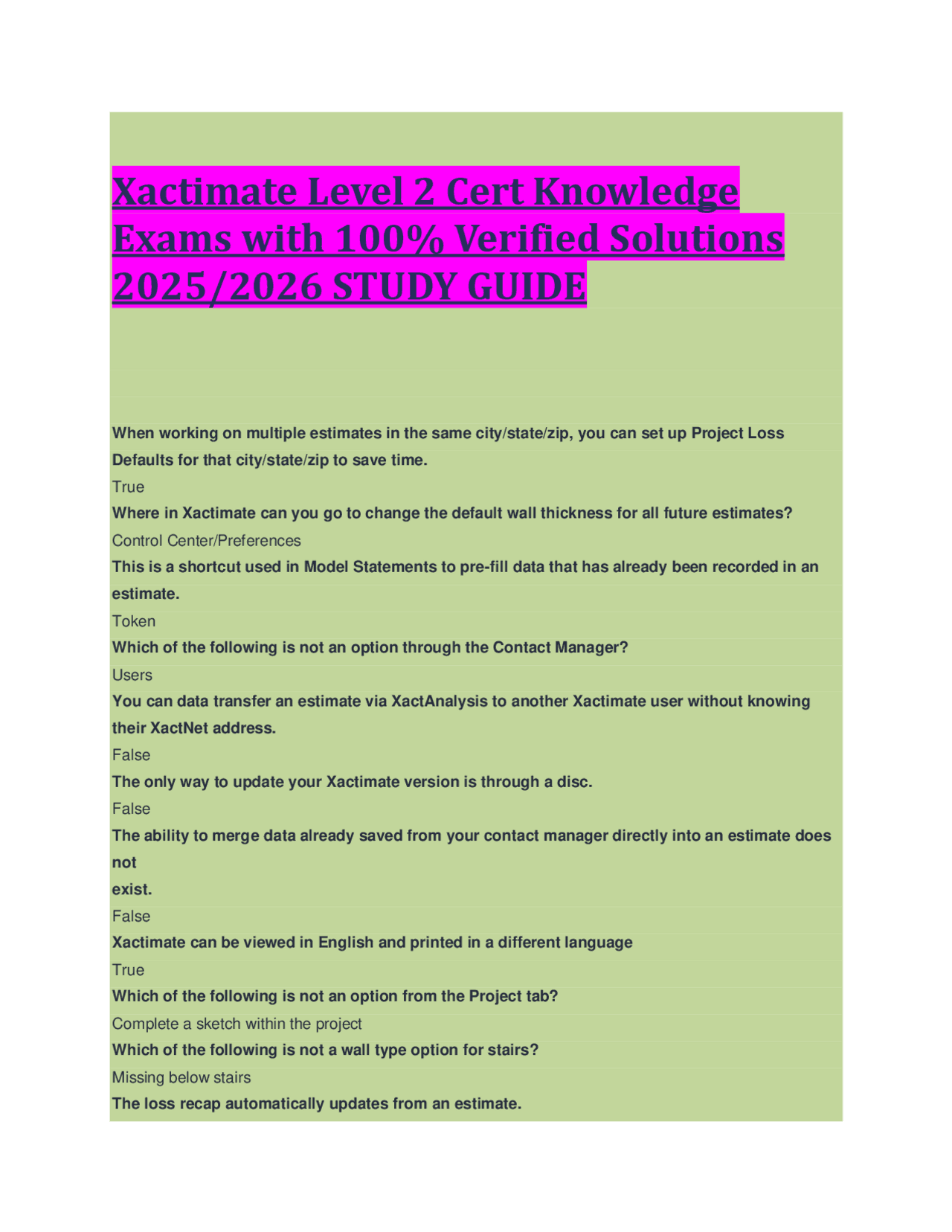 Xactimate Level 2 Cert Knowledge Exams with 100% Verified Solutions ...