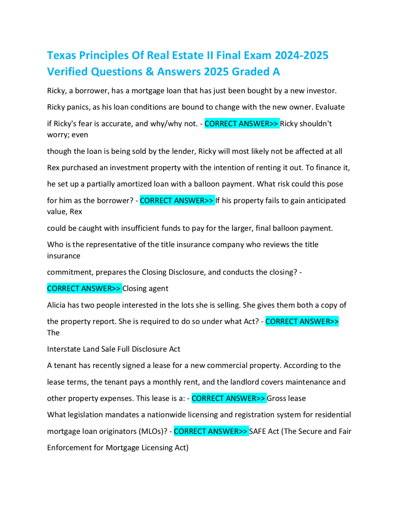 Texas Principles Of Real Estate II Final Exam 2024-2025 Verified ...