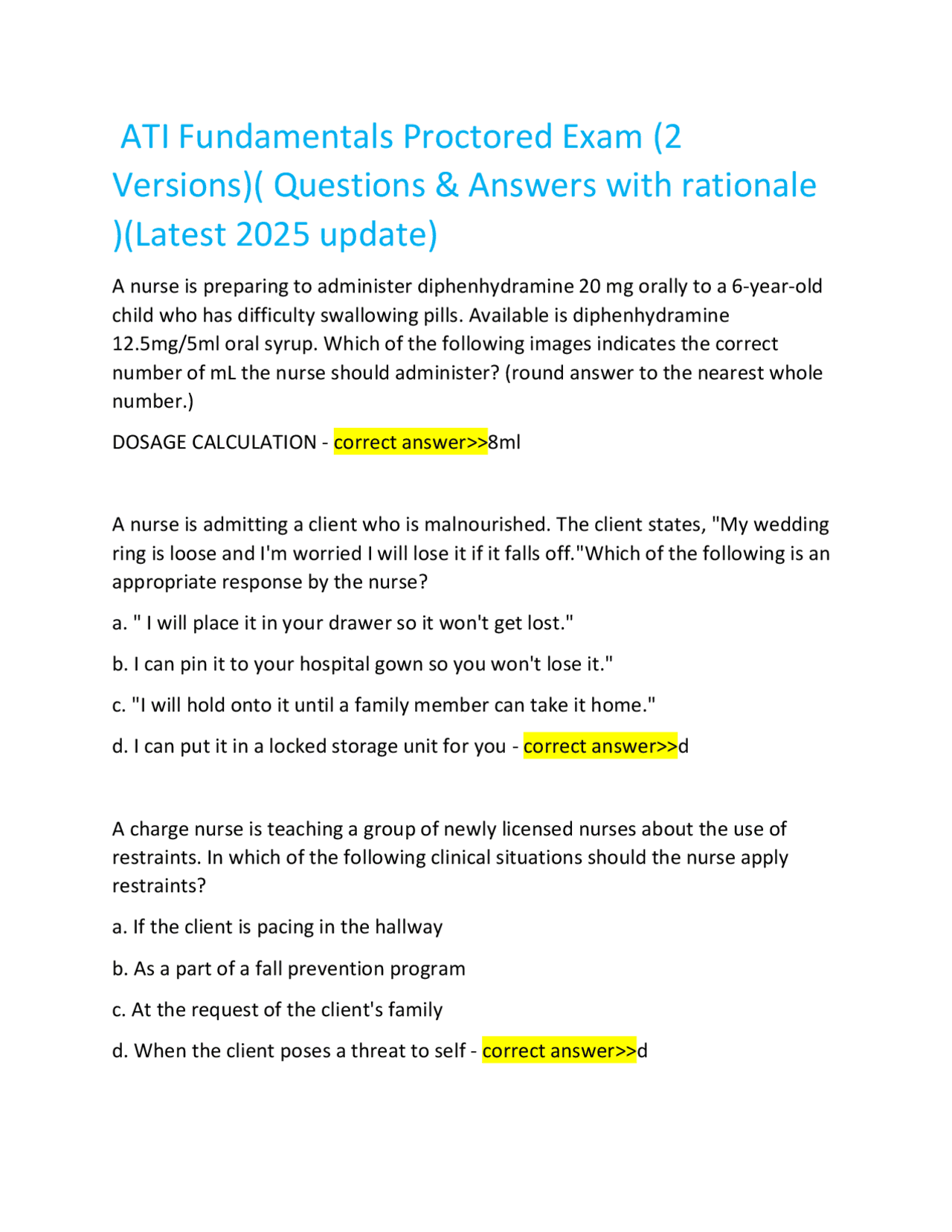 ATI Fundamentals Proctored Exam (2 Versions)( Questions & Answers with ...
