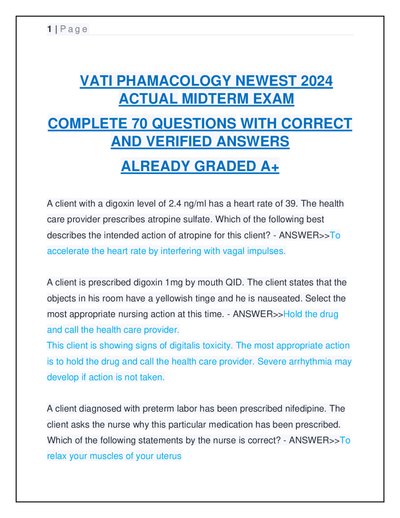 VATI PHAMACOLOGY NEWEST 2024 ACTUAL MIDTERM EXAM COMPLETE 70 QUESTIONS ...