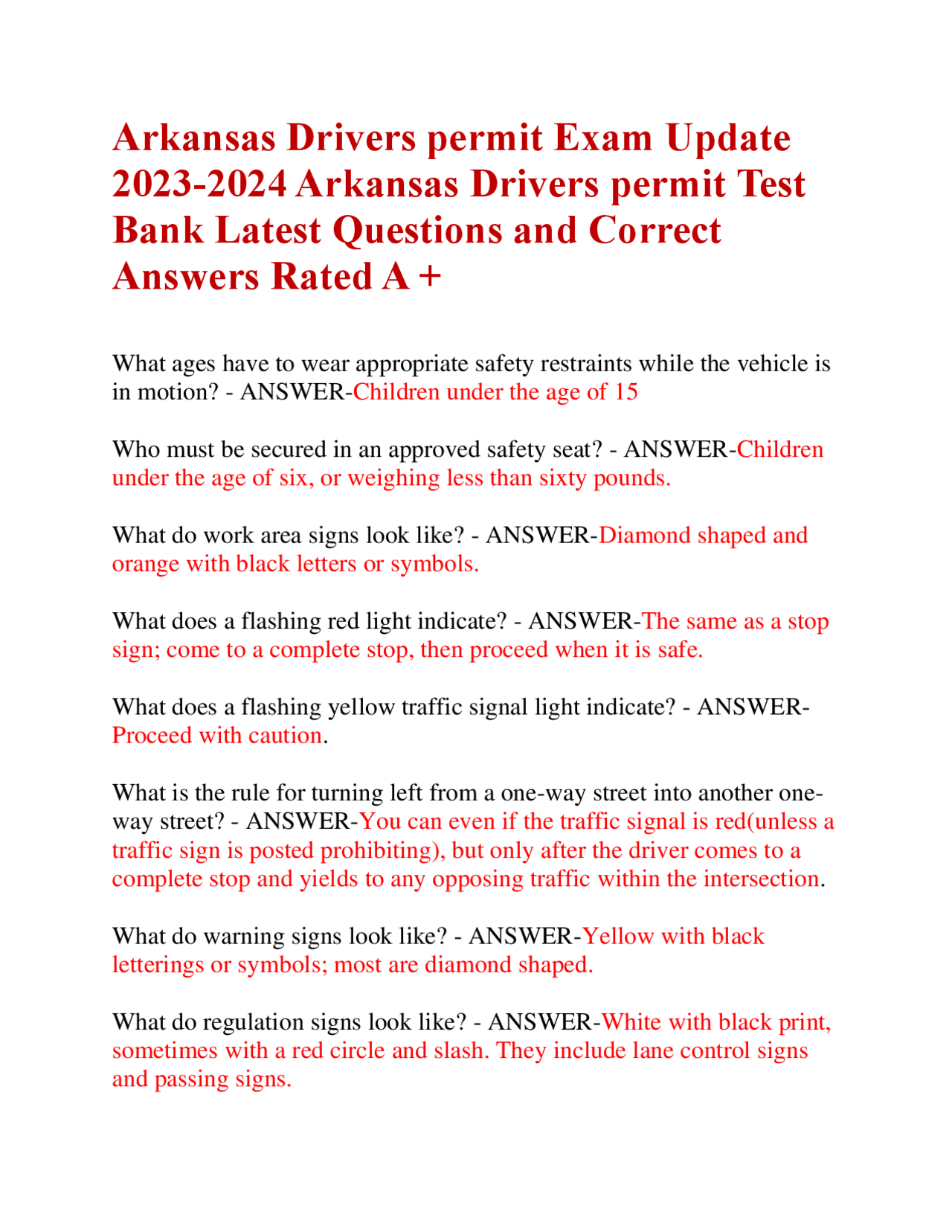 Arkansas Driver's Permit Exam Questions and Answers 2023-2024 | Exams ...