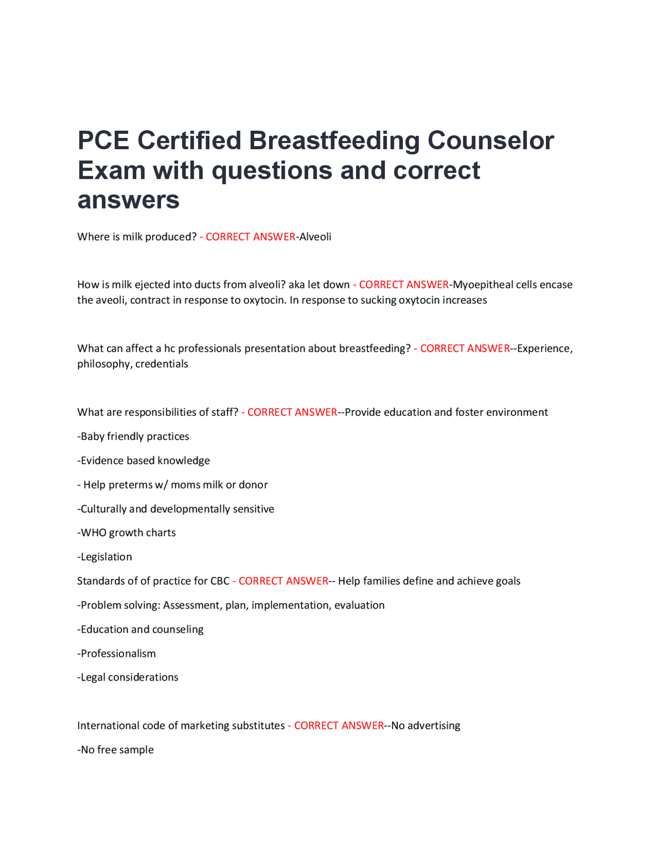 PCE Certified Breastfeeding Counselor Exam: Questions and Answers ...