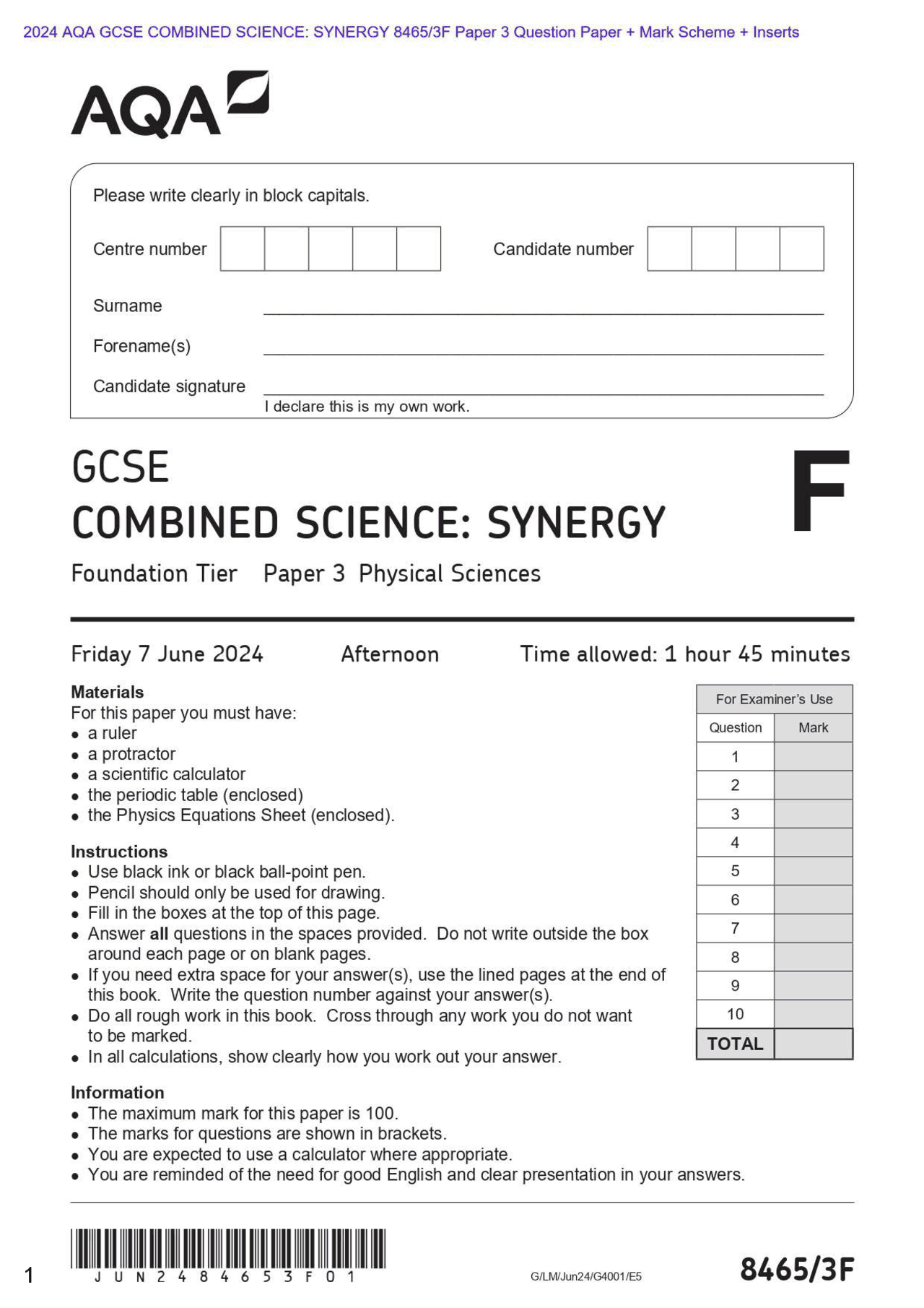2024 AQA GCSE COMBINED SCIENCE: SYNERGY 8465/3F Paper 3 Question Paper + Mark Scheme + Ins ...