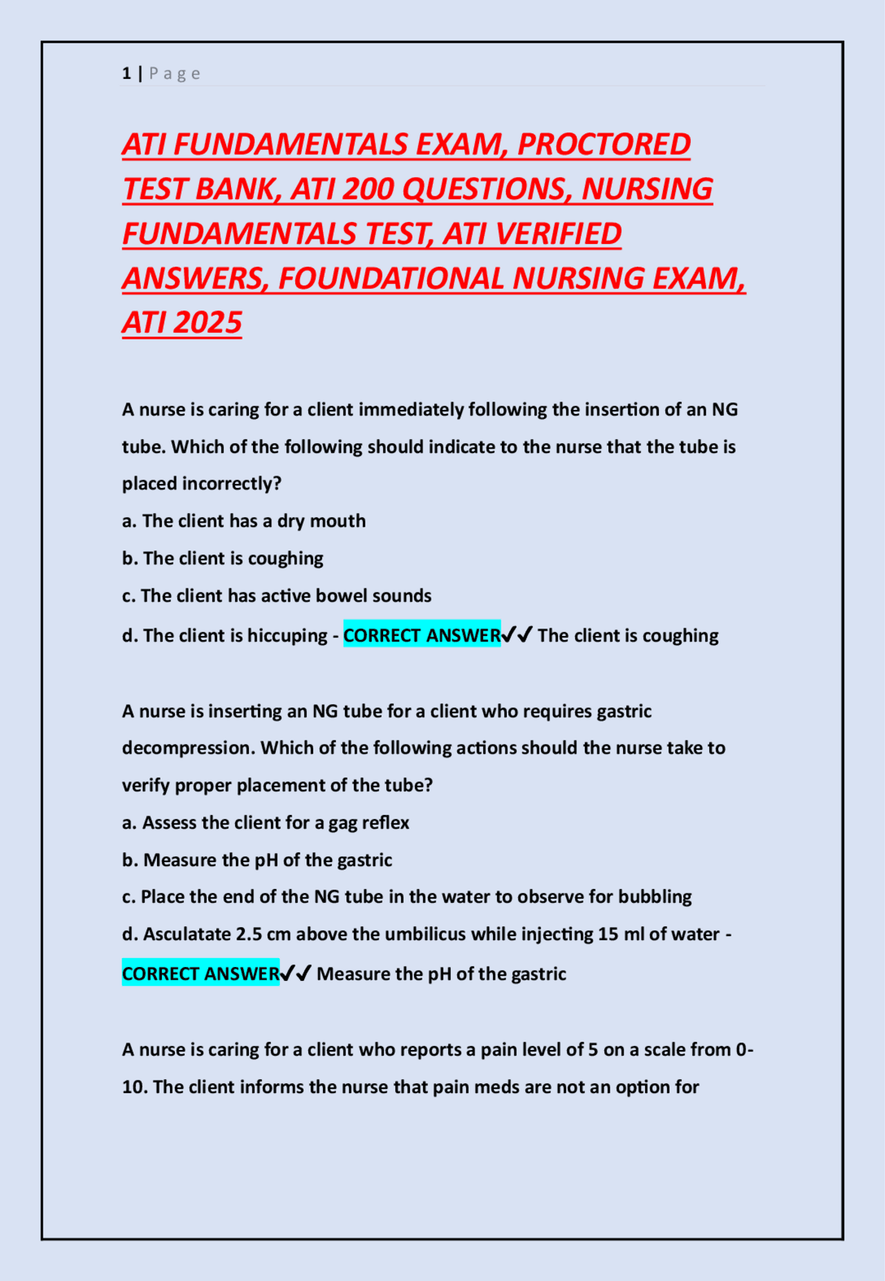 ATI FUNDAMENTALS EXAM, PROCTORED TEST BANK, ATI 200 QUESTIONS, NURSING ...