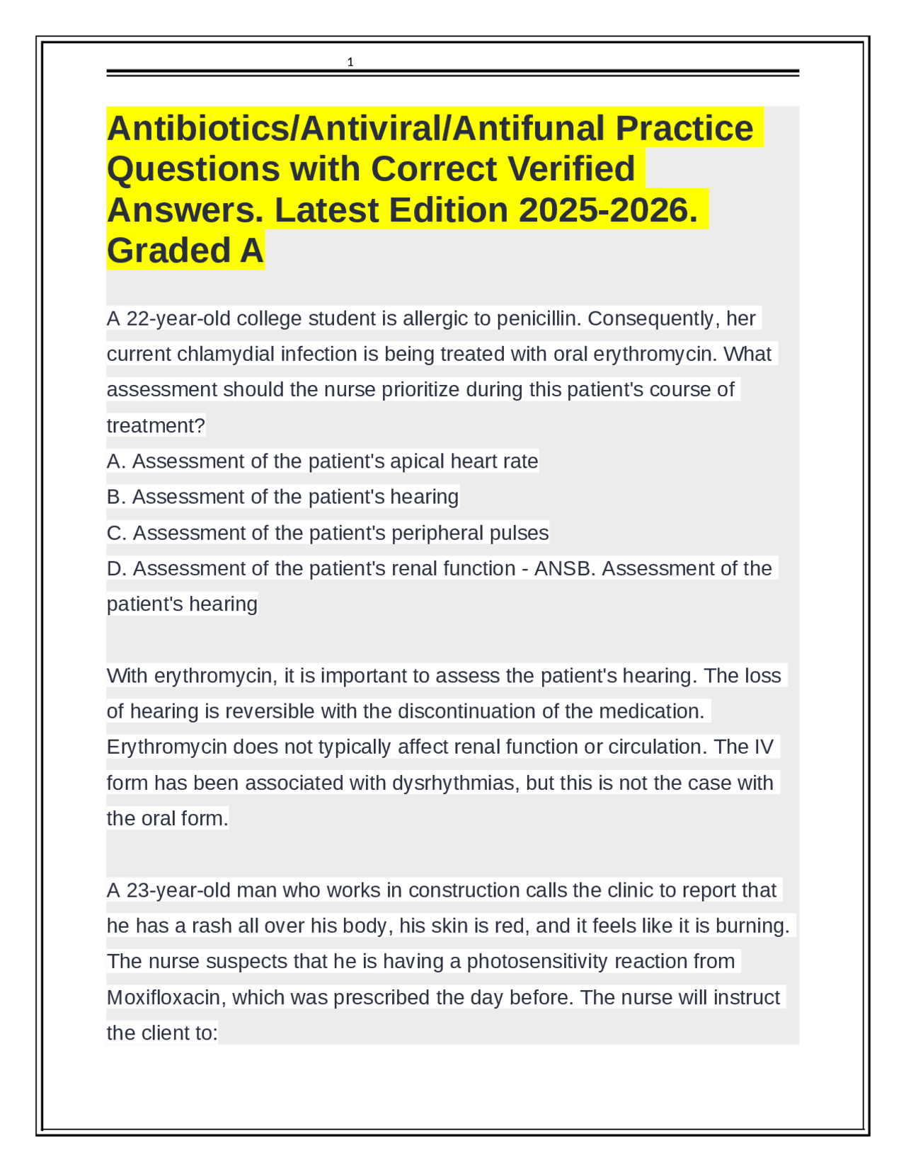 Antibiotics/Antiviral/Antifunal Practice Questions with Correct ...