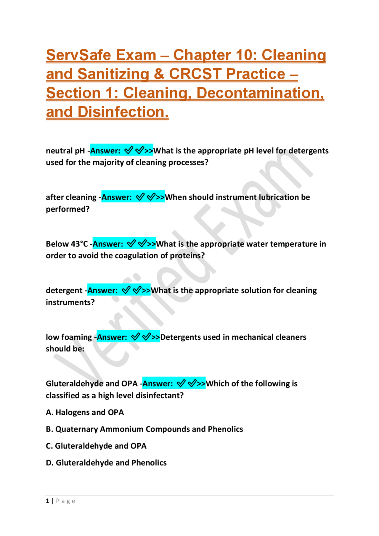 ServSafe Exam – Chapter 10: Cleaning and Sanitizing & CRCST Practice ...