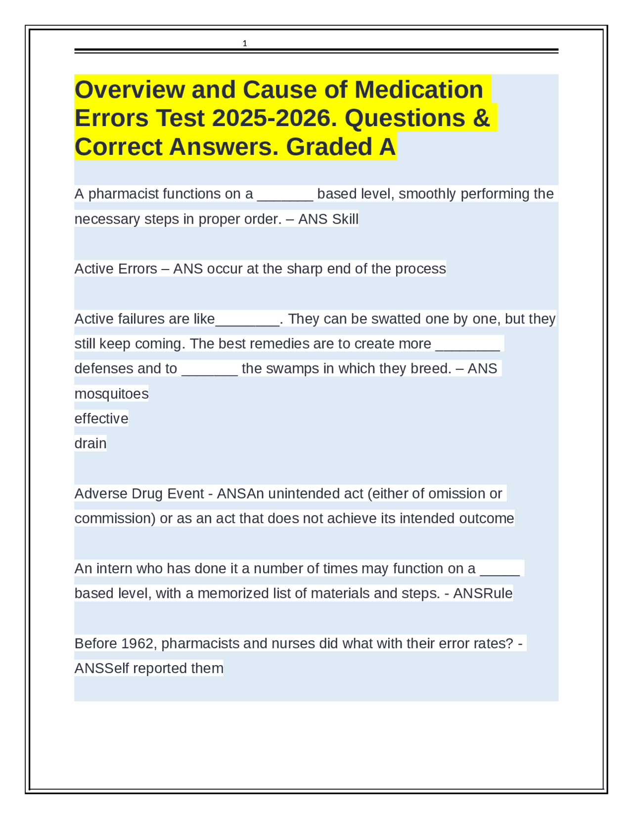 Overview and Cause of Medication Errors Test 2025-2026. Questions ...