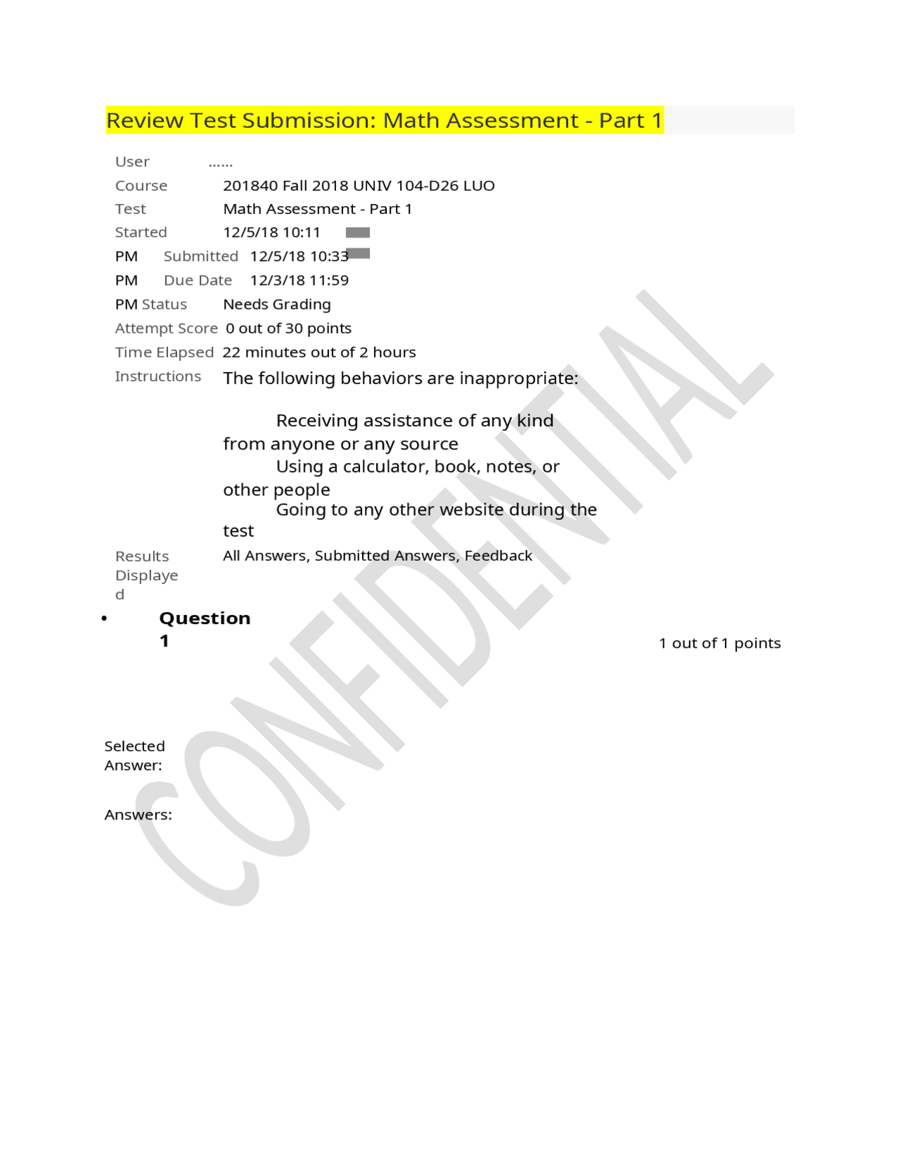 Review Test Submission: Math Assessment - Part 1 | Exams Nursing | Docsity
