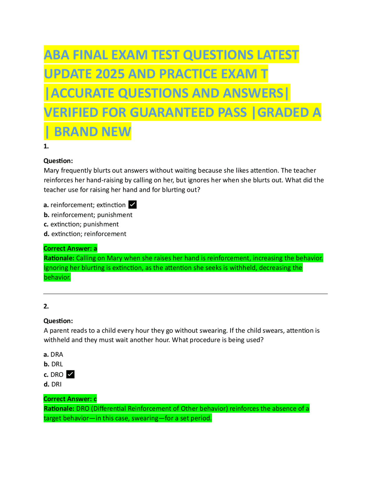 ABA FINAL EXAM TEST QUESTIONS LATEST UPDATE 2025 AND PRACTICE EXAM T ...