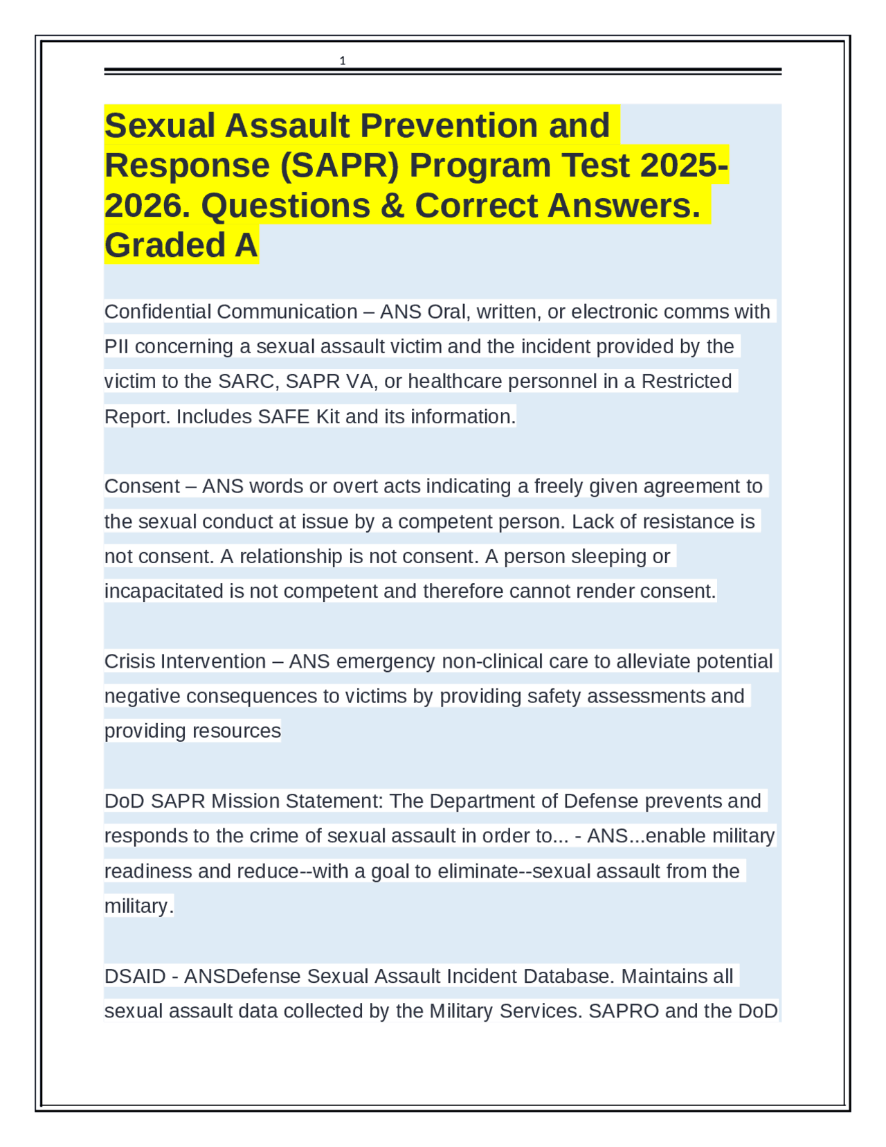 Sexual Assault Prevention and Response (SAPR) Program Test 2025-2026 ...