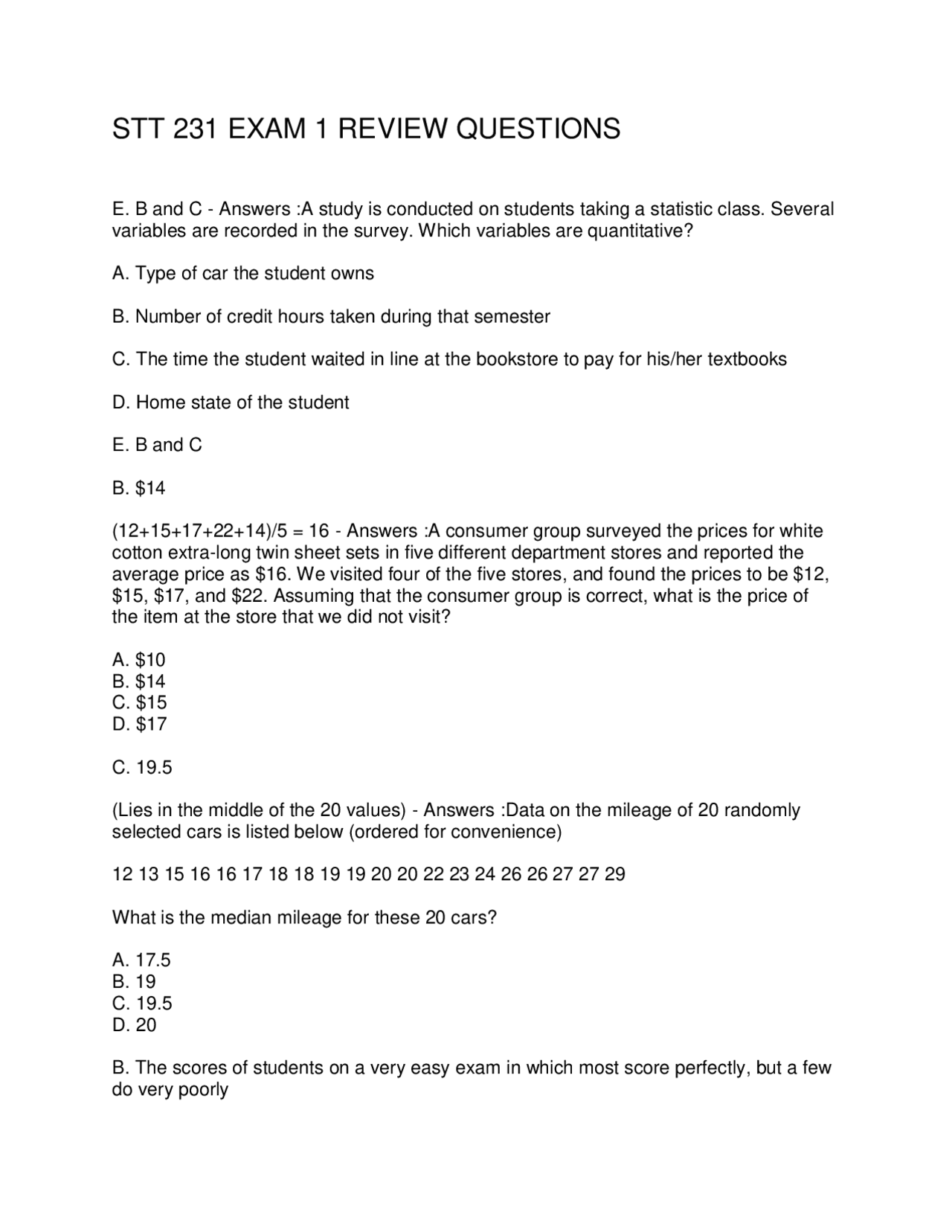STT 231 Exam 1: Statistics Review Questions and Answers | Exams Social Sciences | Docsity