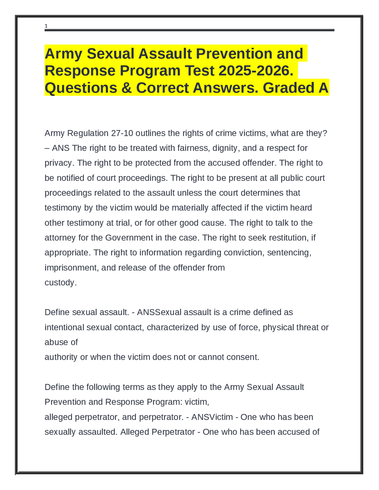 Army Sexual Assault Prevention and Response Program Test 2025-2026 ...