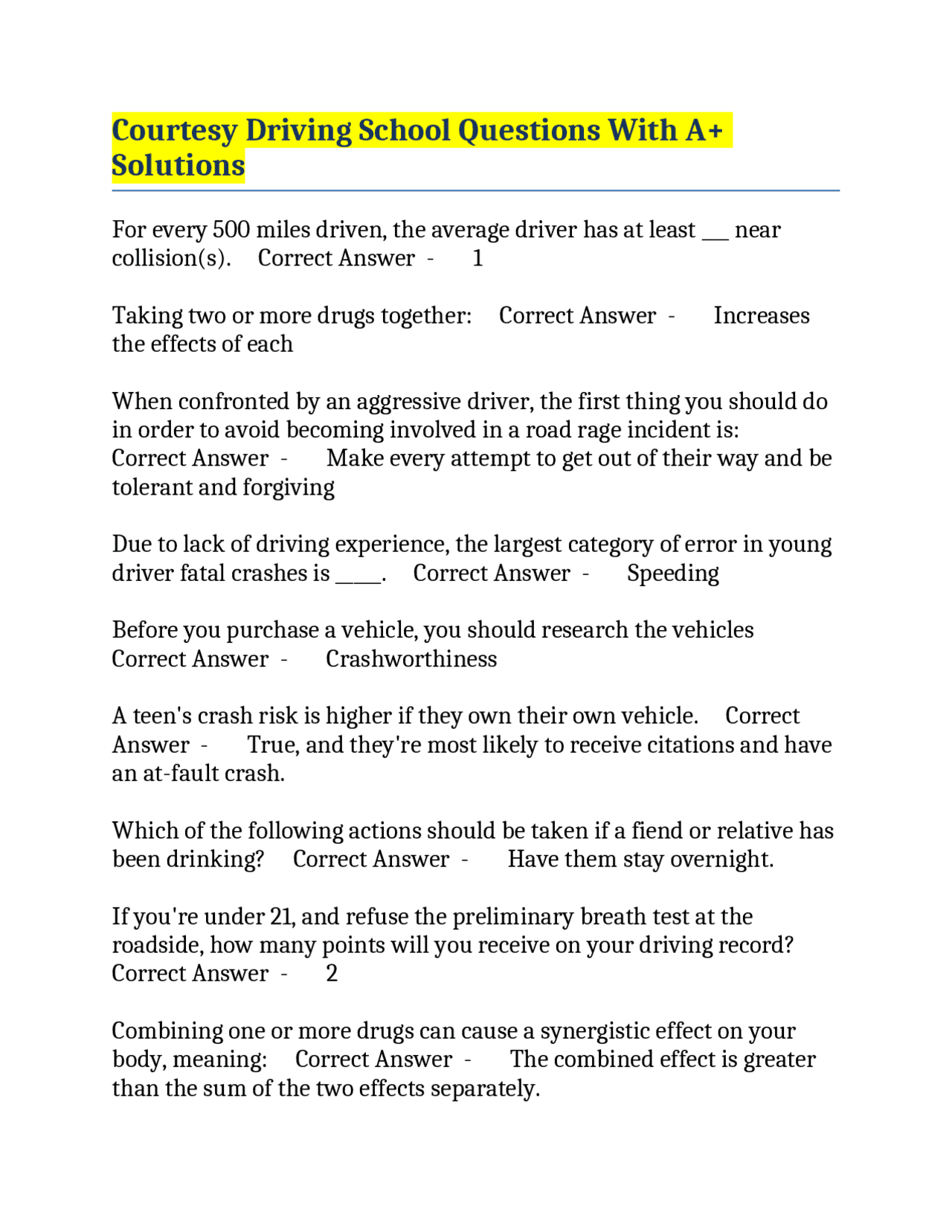 Courtesy Driving School Questions With A+ Solutions | Exams Public ...