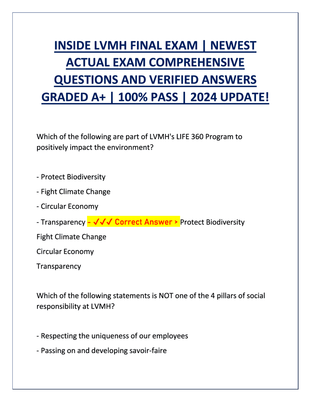 INSIDE LVMH FINAL EXAM ACTUAL EXAM 2024/2025 COMPLETE 95 REAL QUESTIONS AND CORRECT ANSWER ...