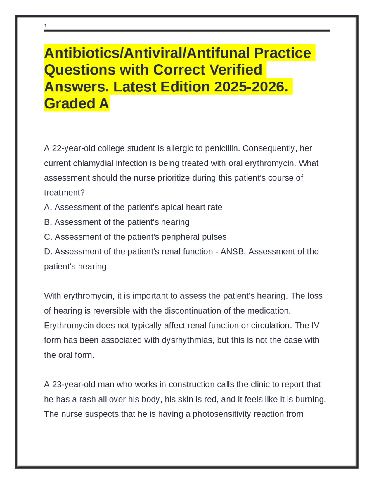 Antibiotics/Antiviral/Antifungal Practice Questions with Correct ...