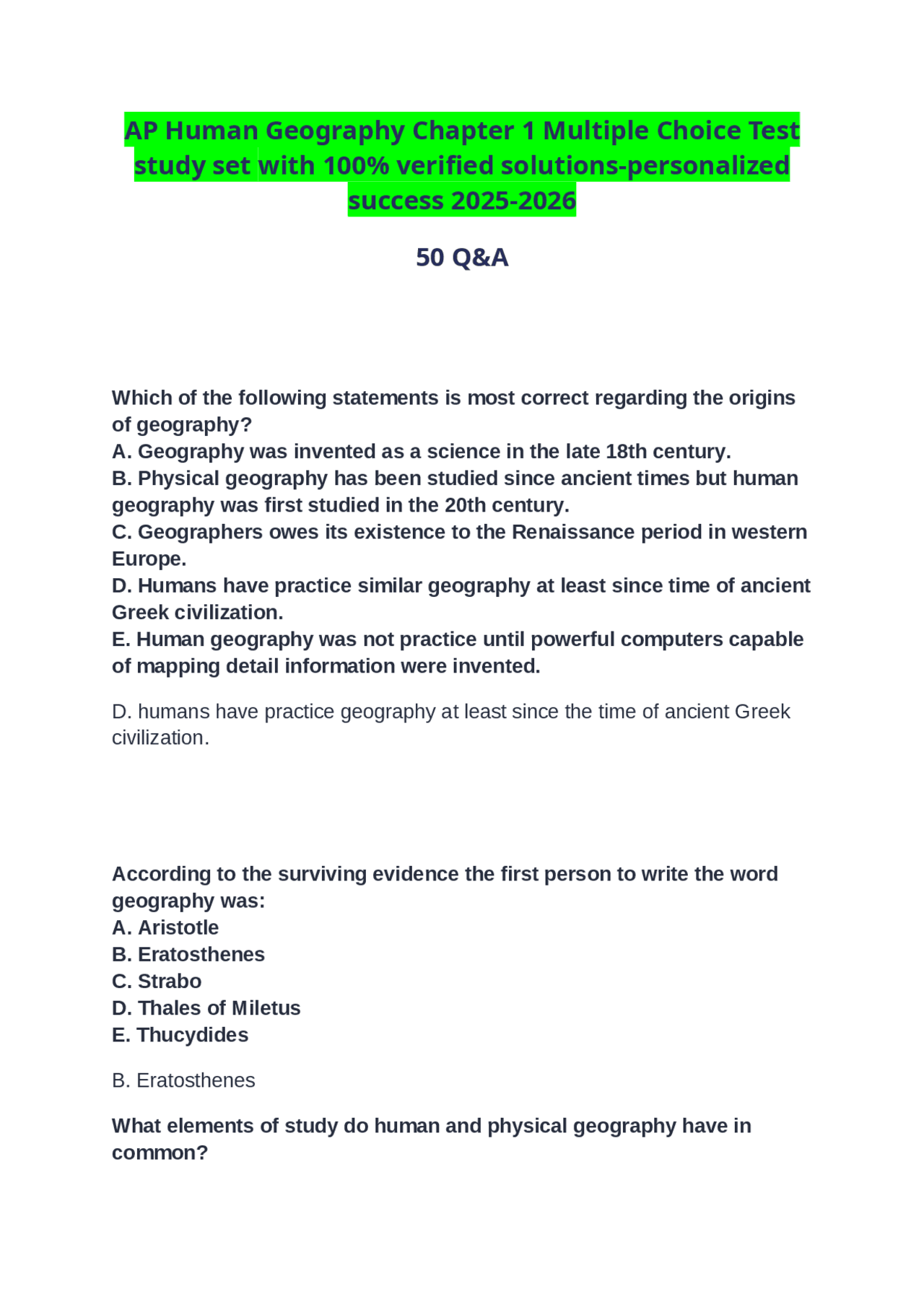 AP Human Geography Chapter 1 Multiple Choice Test study set with 100% ...