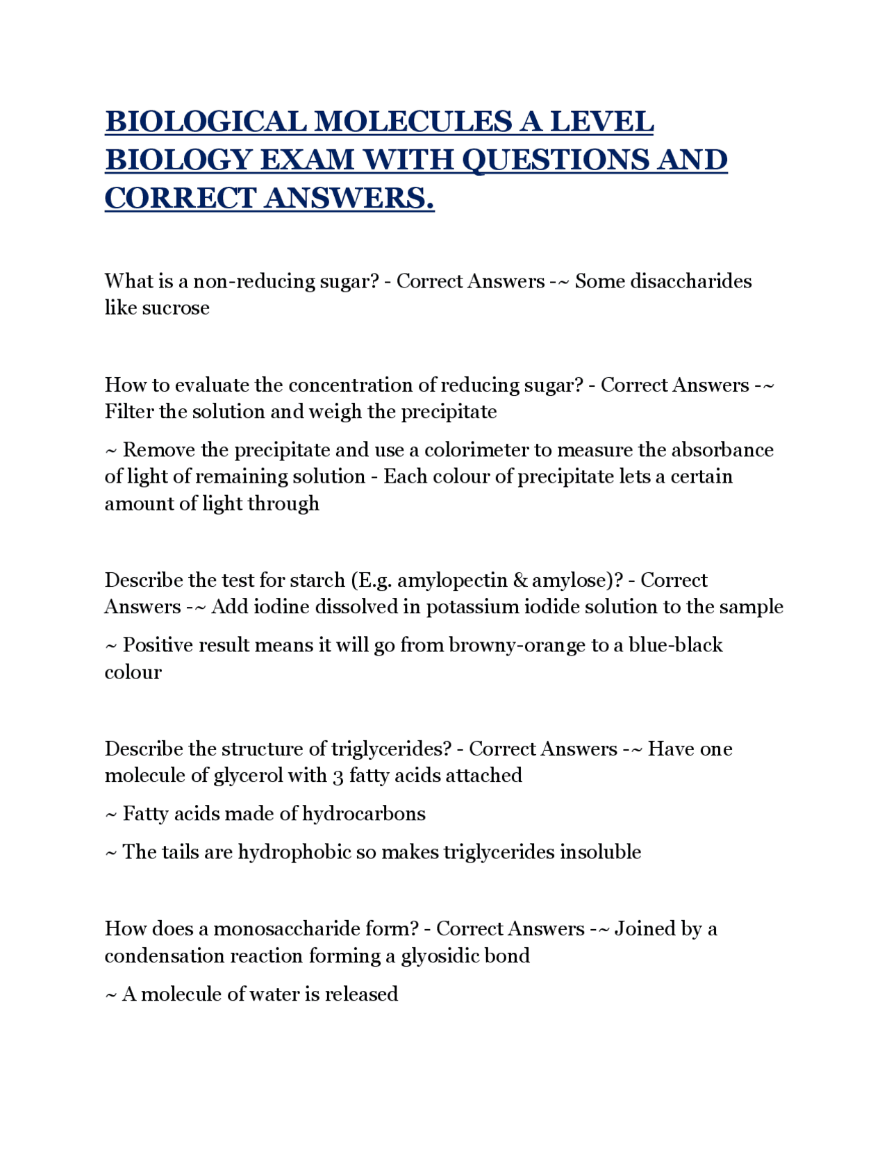 BIOLOGICAL MOLECULES A LEVEL BIOLOGY EXAM WITH QUESTIONS AND CORRECT ANSWERS. | Exams Nursing ...