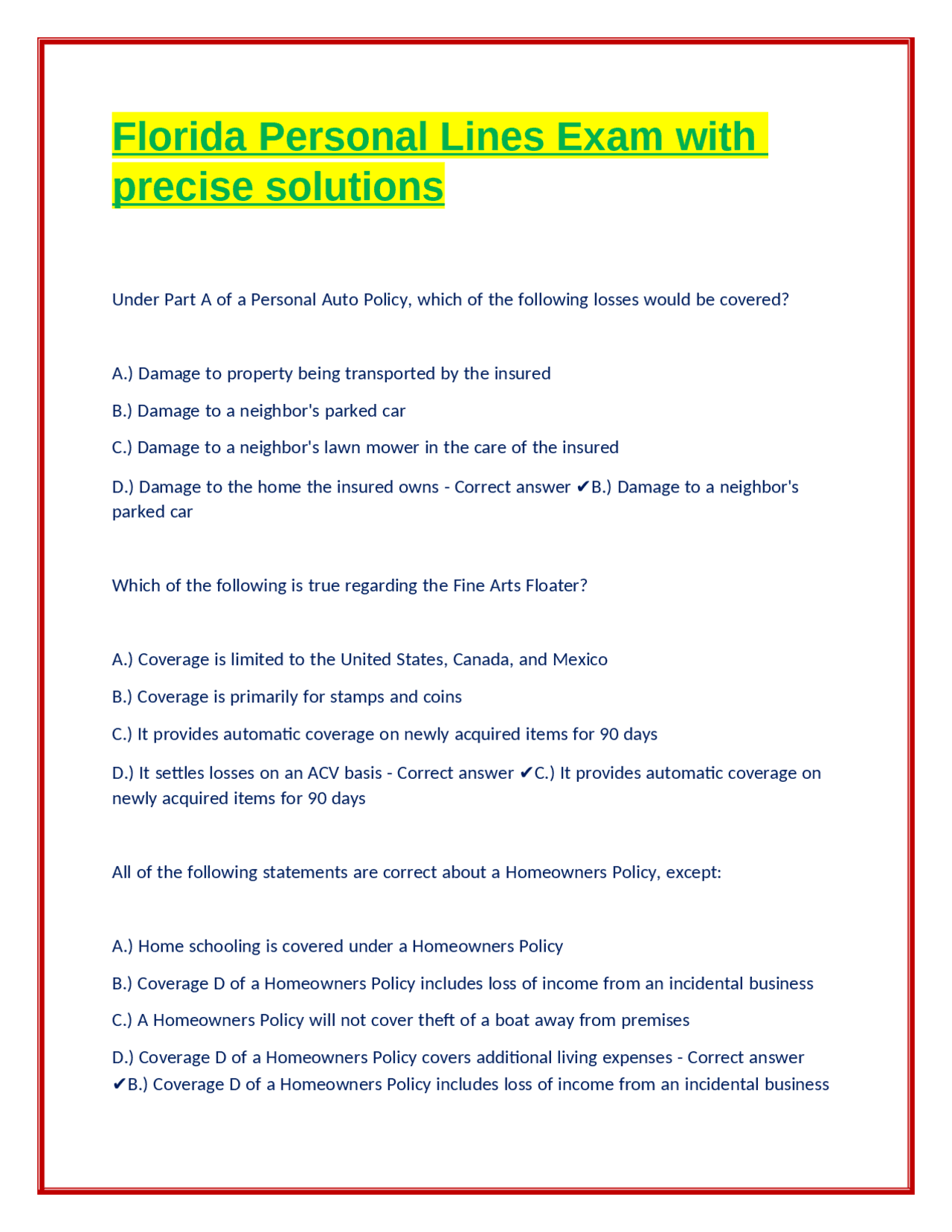 Florida Personal Lines Exam (300 multiple choice questions) with ...