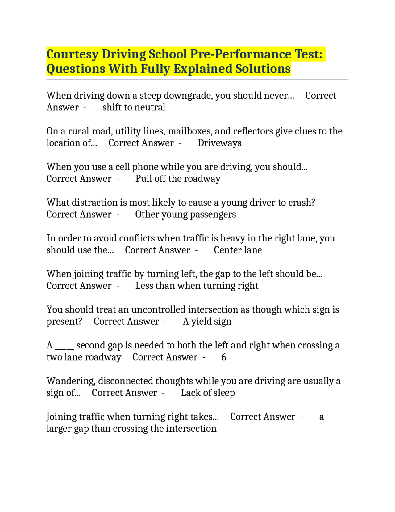 Courtesy Driving School Pre-Performance Test: Questions With Fully ...