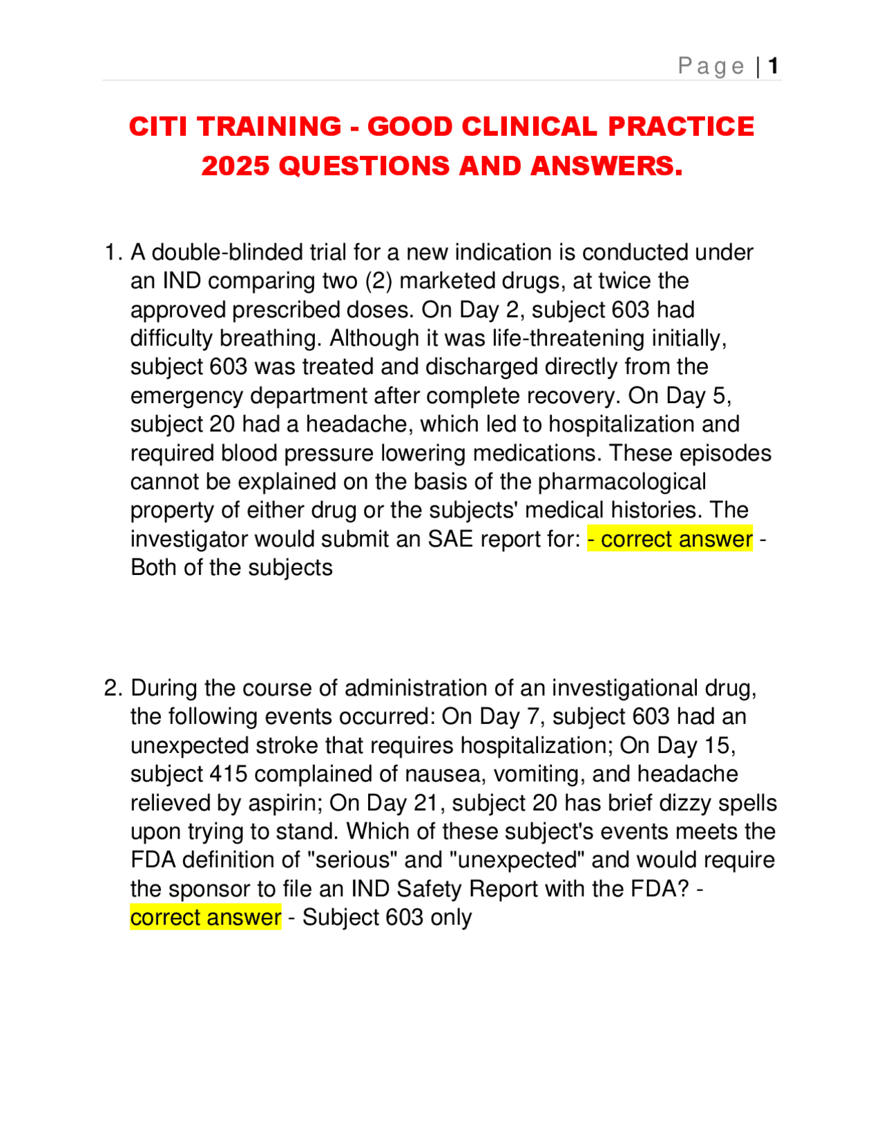 CITI TRAINING - GOOD CLINICAL PRACTICE 2025 QUESTIONS AND ANSWERS ...