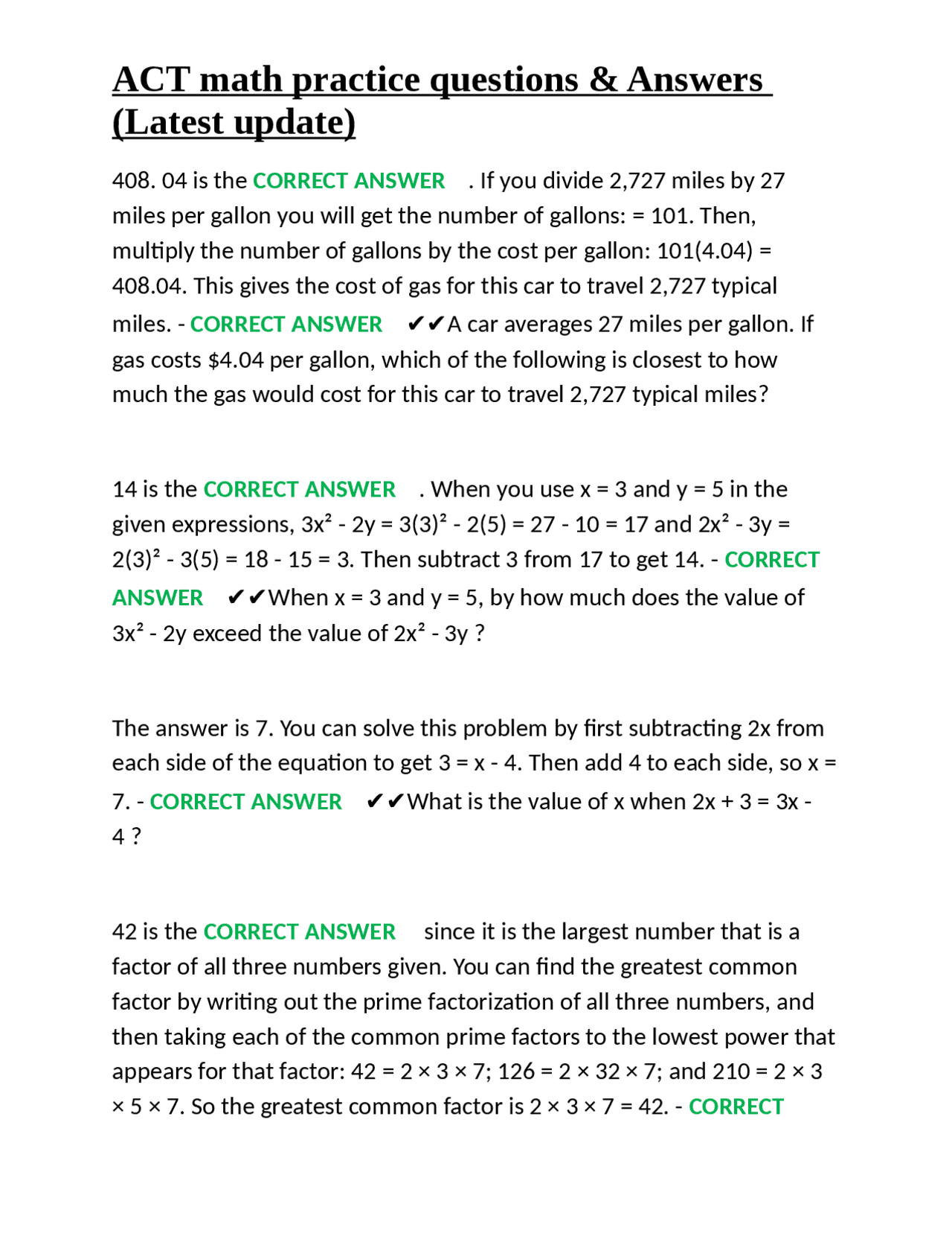 ACT Math Practice Questions with Detailed Answers | Exams Nursing | Docsity