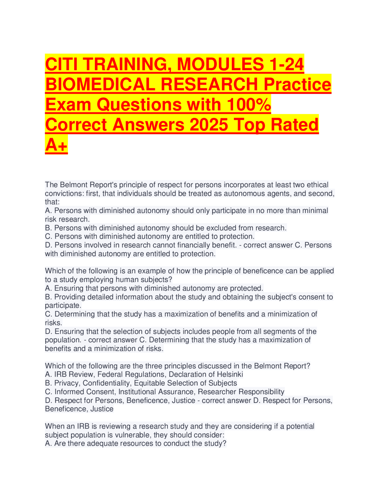 CITI TRAINING, MODULES 1-24 BIOMEDICAL RESEARCH Practice Exam Questions with 100% Correct ...