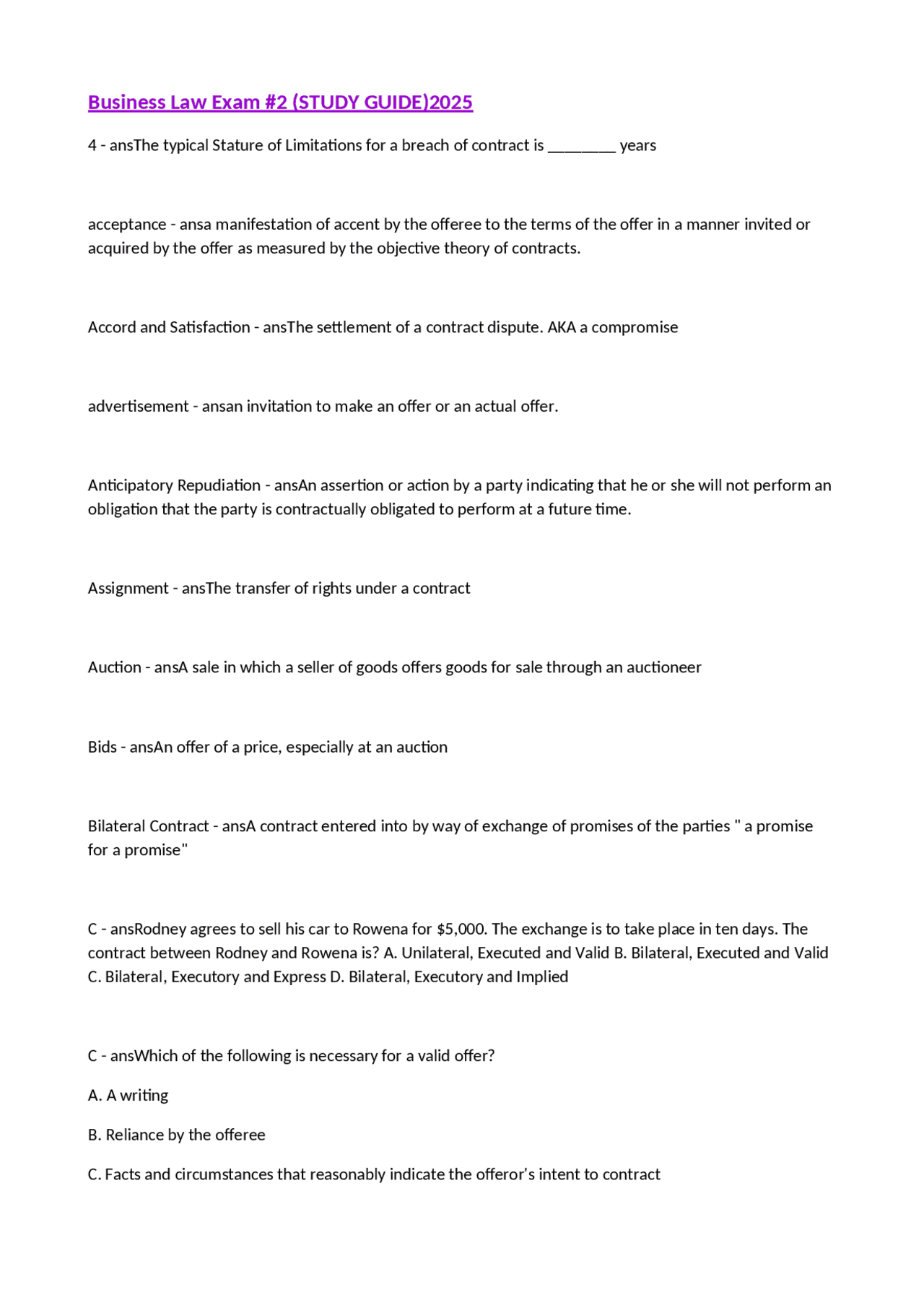 Business Law Exam #2 (STUDY GUIDE)2025 | Exercises Nursing | Docsity