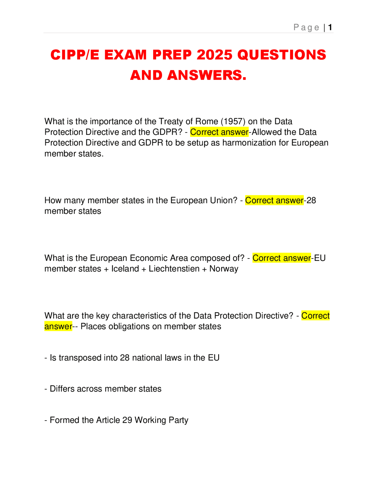 CIPP/E EXAM PREP 2025 QUESTIONS AND ANSWERS. | Exams Advanced Education | Docsity